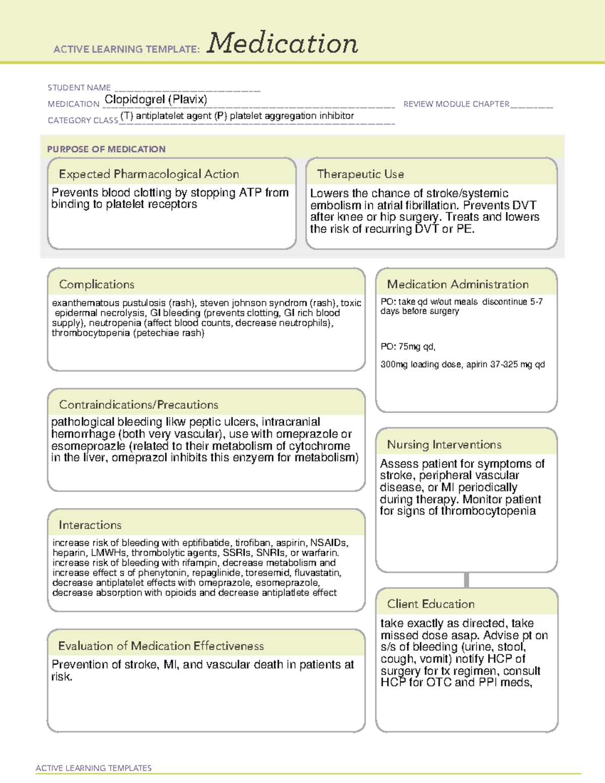 Clopidogrel - meds - ACTIVE LEARNING TEMPLATES Medication STUDENT NAME ...