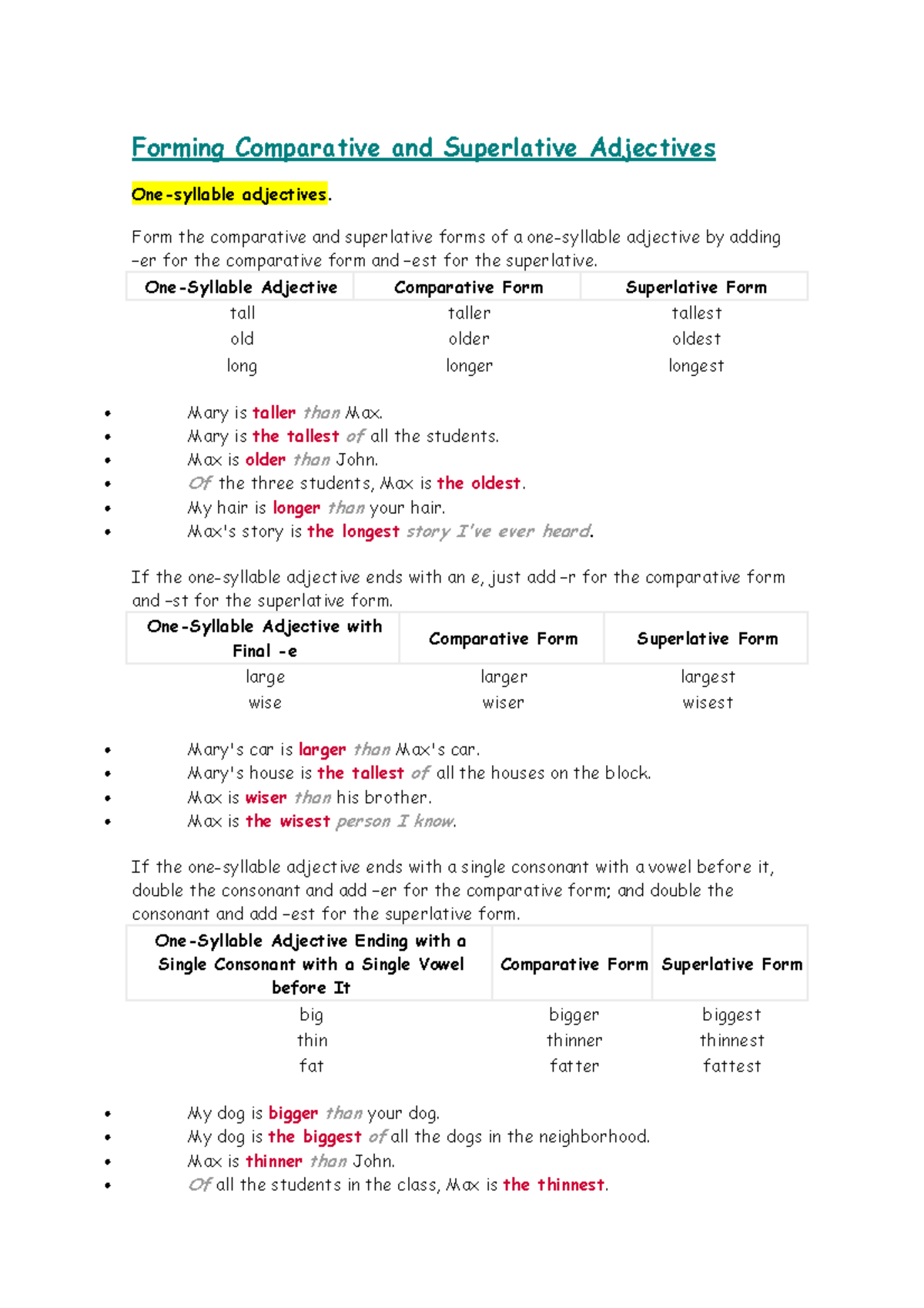 Comparison - Forming Comparative and Superlative Adjectives One ...
