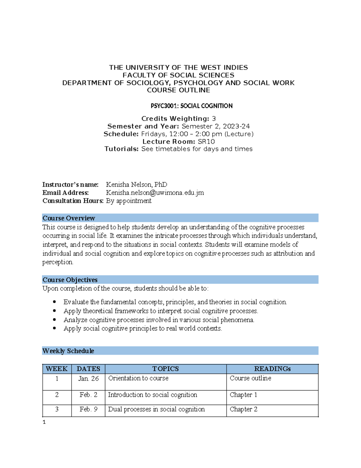 Social Cognition outline - Instructor’s name: Kenisha Nelson, PhD Email ...