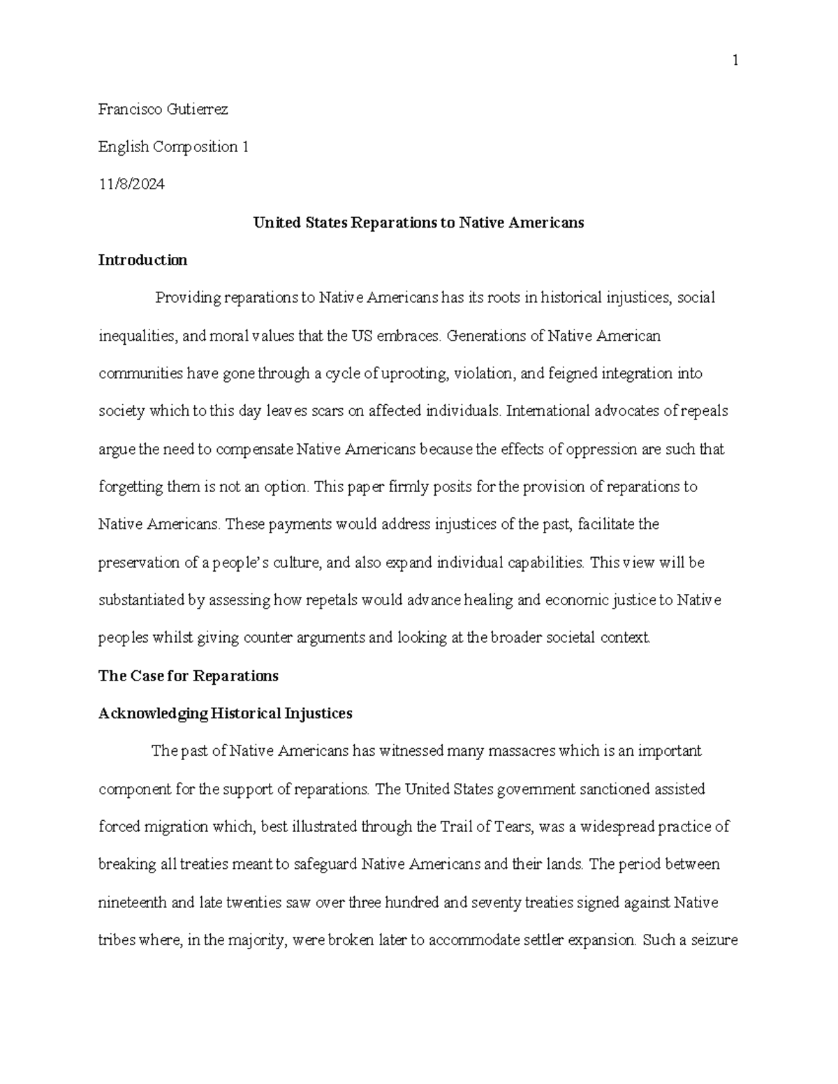 United States Reparations to Native Americans - Francisco Gutierrez ...