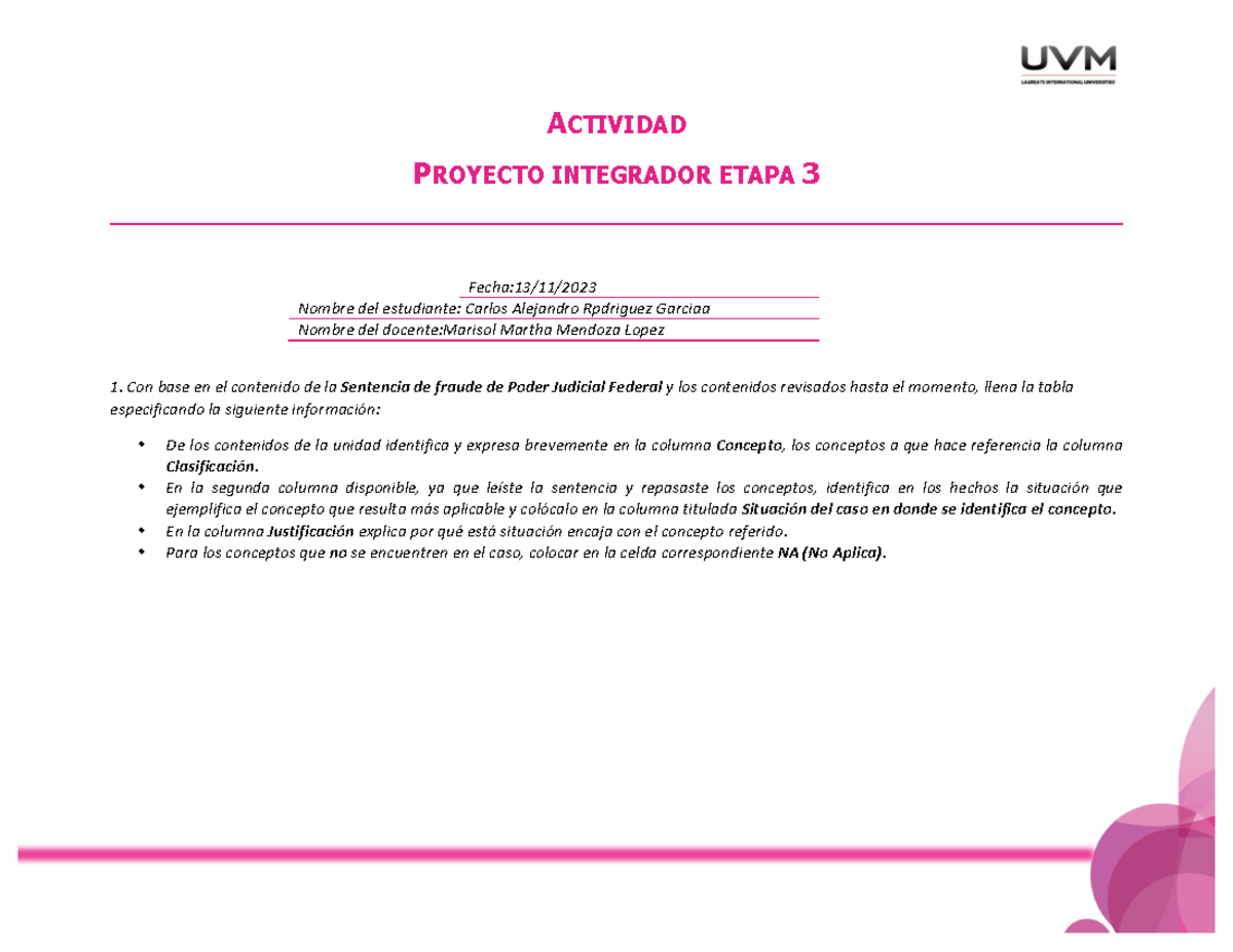proyecto integrador 3 - A CTIVIDAD P ROYECTO INTEGRADOR ETAPA 3 Fecha:13/11/ Nombre del ...
