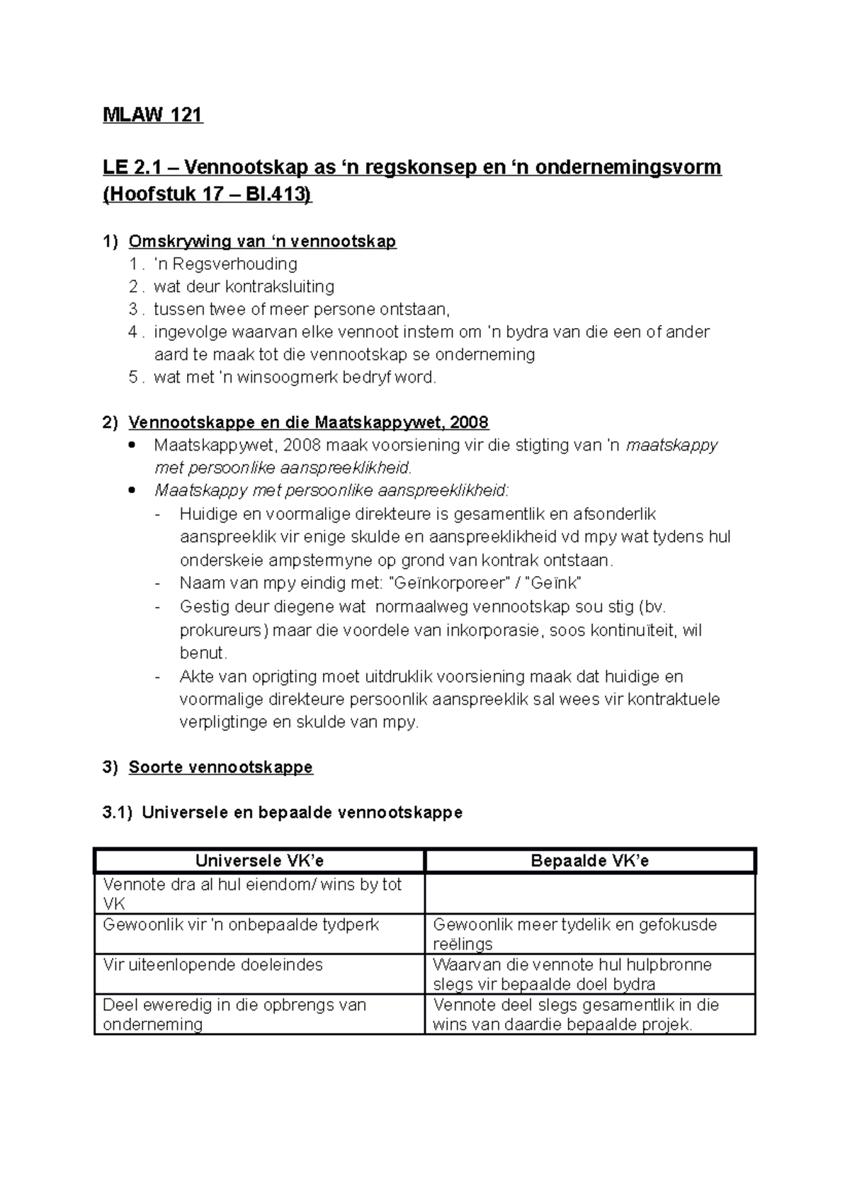 LE 1.1 - 1.3 - Vennootskappe - MLAW 121 LE 2 – Vennootskap as ‘n ...