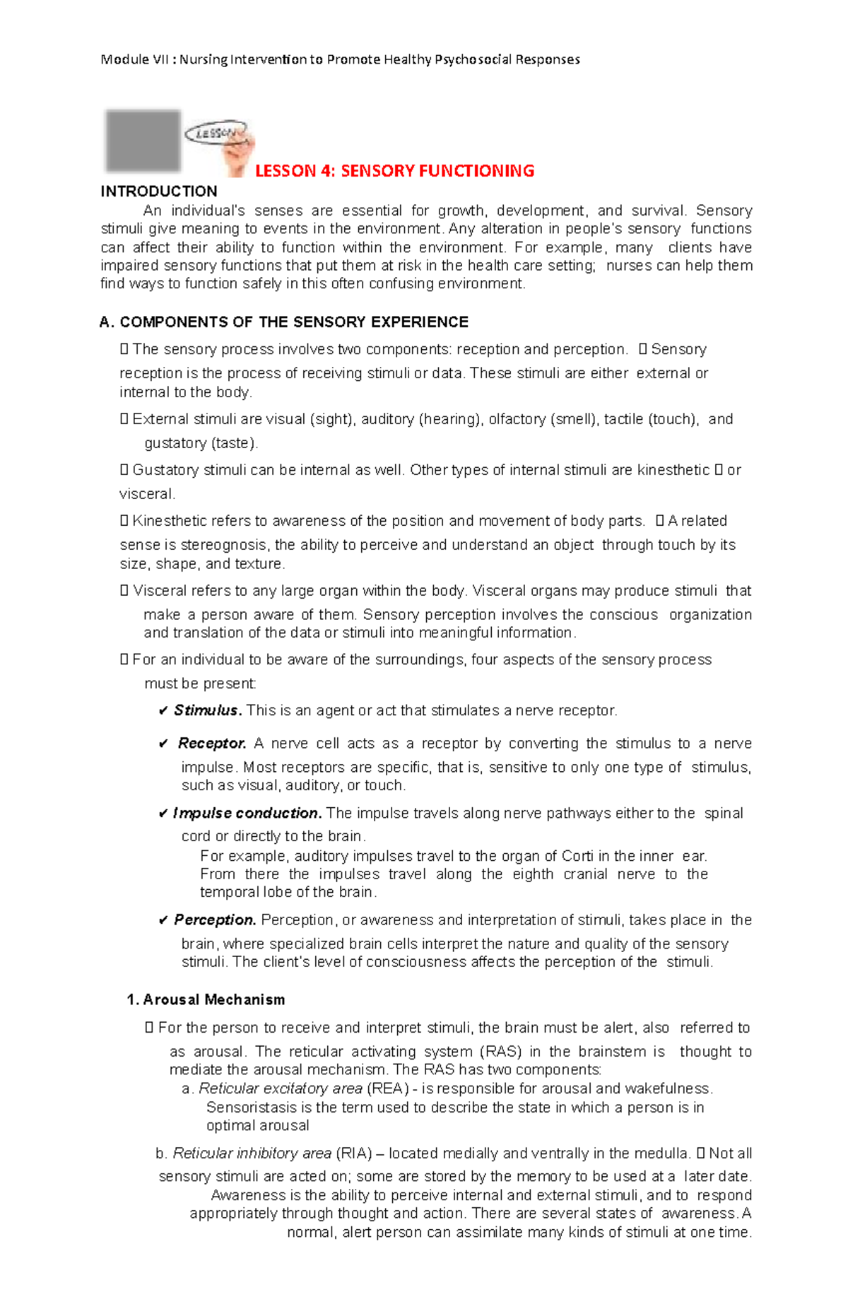 Module 7 lesson 4 sensory - Module VII : Nursing Intervention to ...