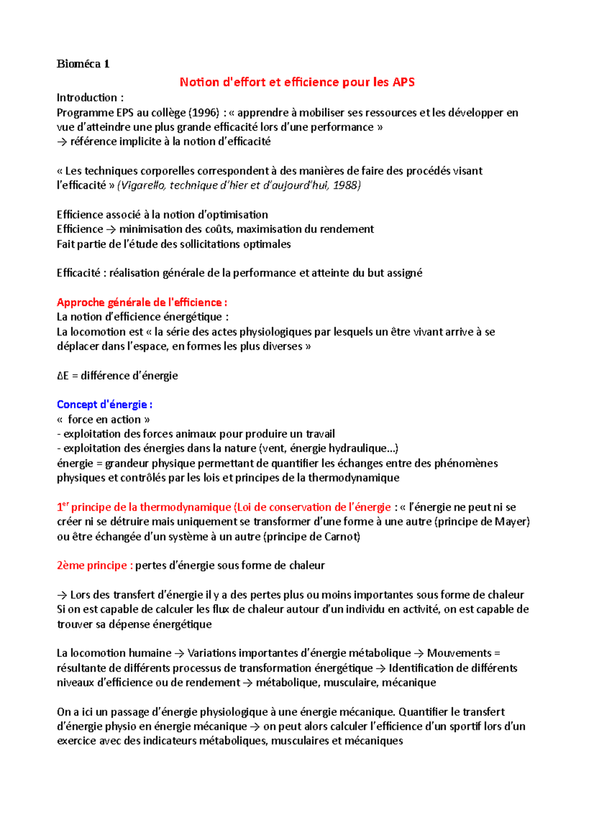 Bioméca L2 STAPS - Notion d'effort et efficience pour les APS ...