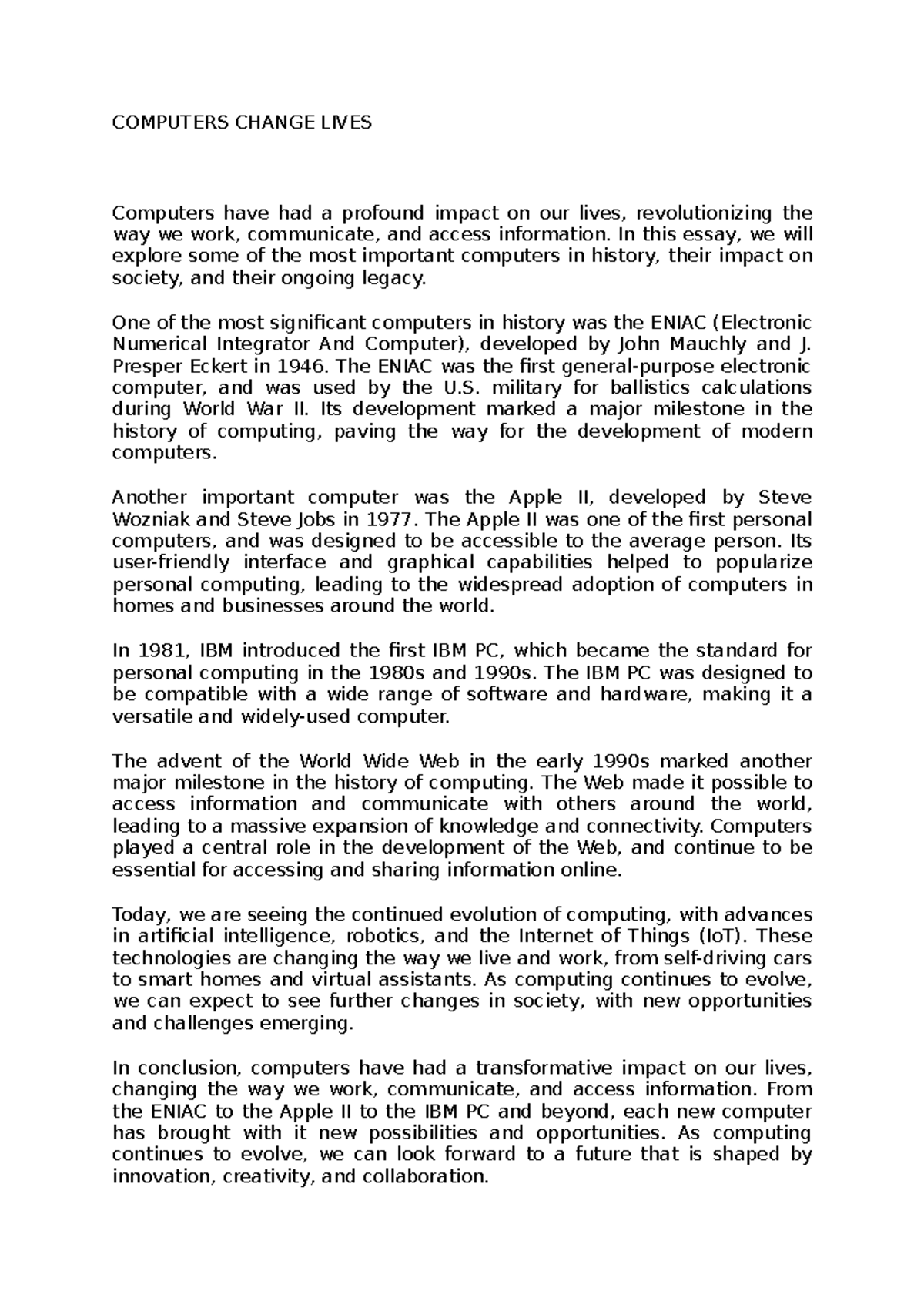 Computers Change Lives - COMPUTERS CHANGE LIVES Computers have had a ...