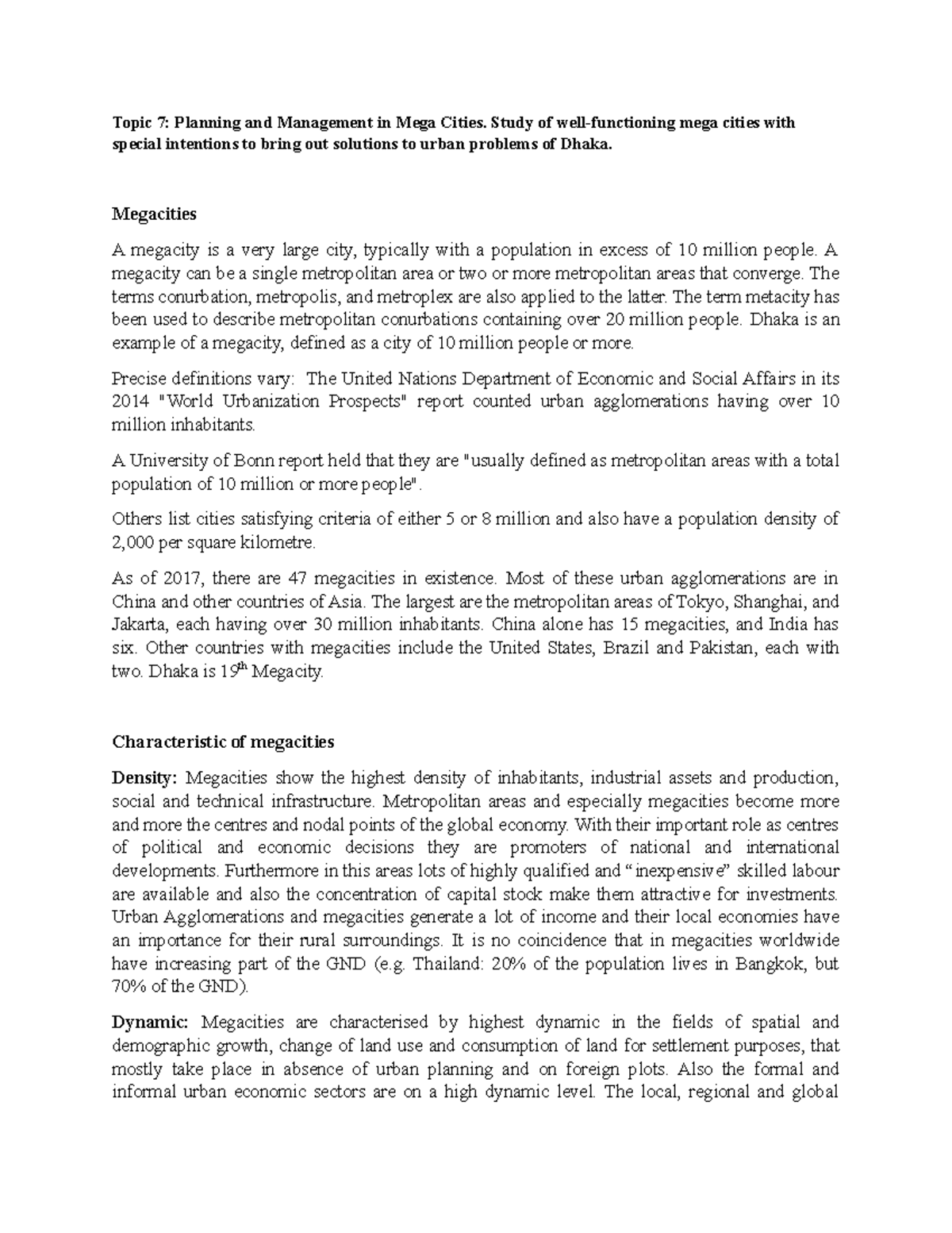 Mega City, Urban Planning Practice - Topic 7: Planning and Management in Mega Cities. Study of ...