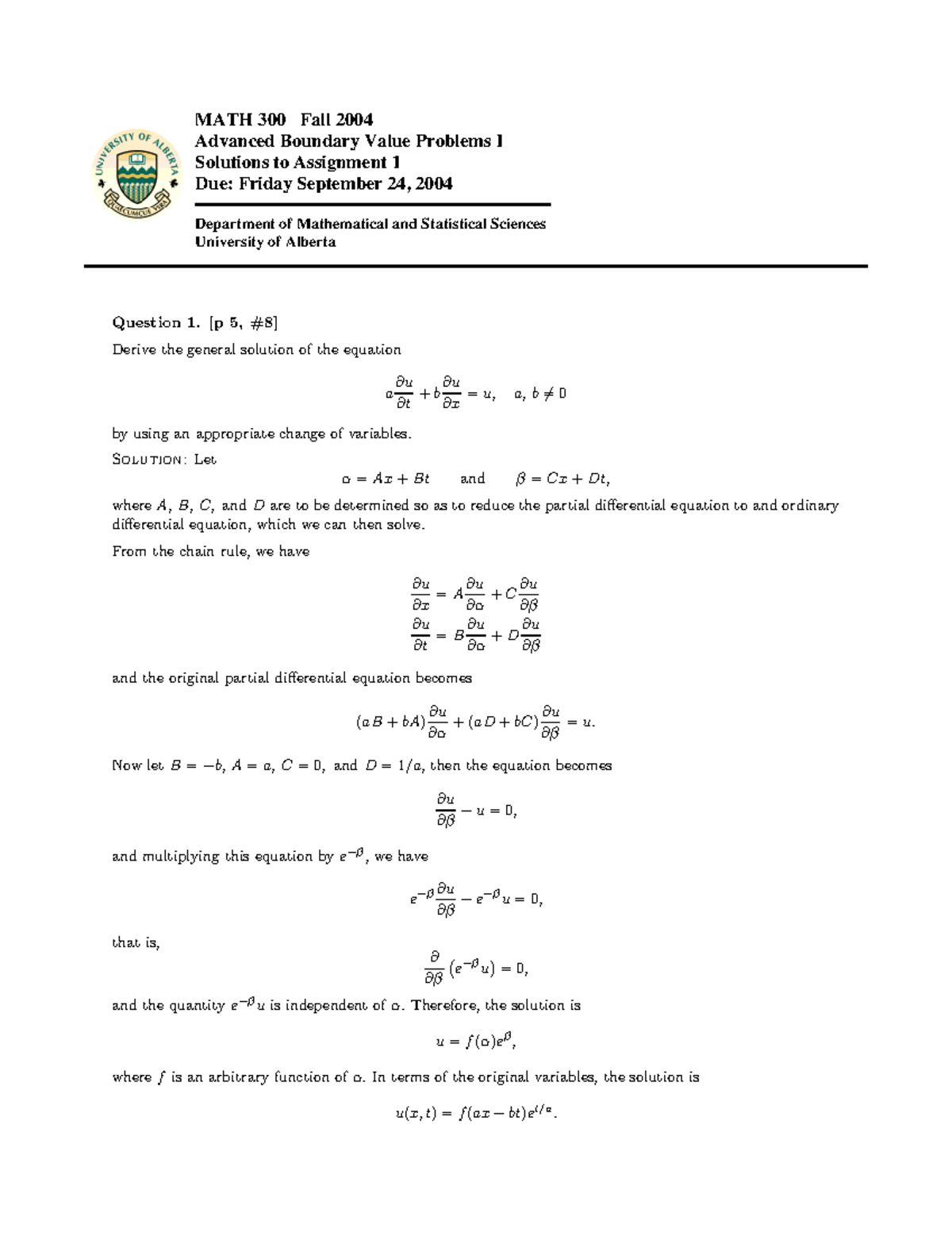 Soln1 - MATH 300 Fall 2004 Advanced Boundary Value Problems I Solutions ...