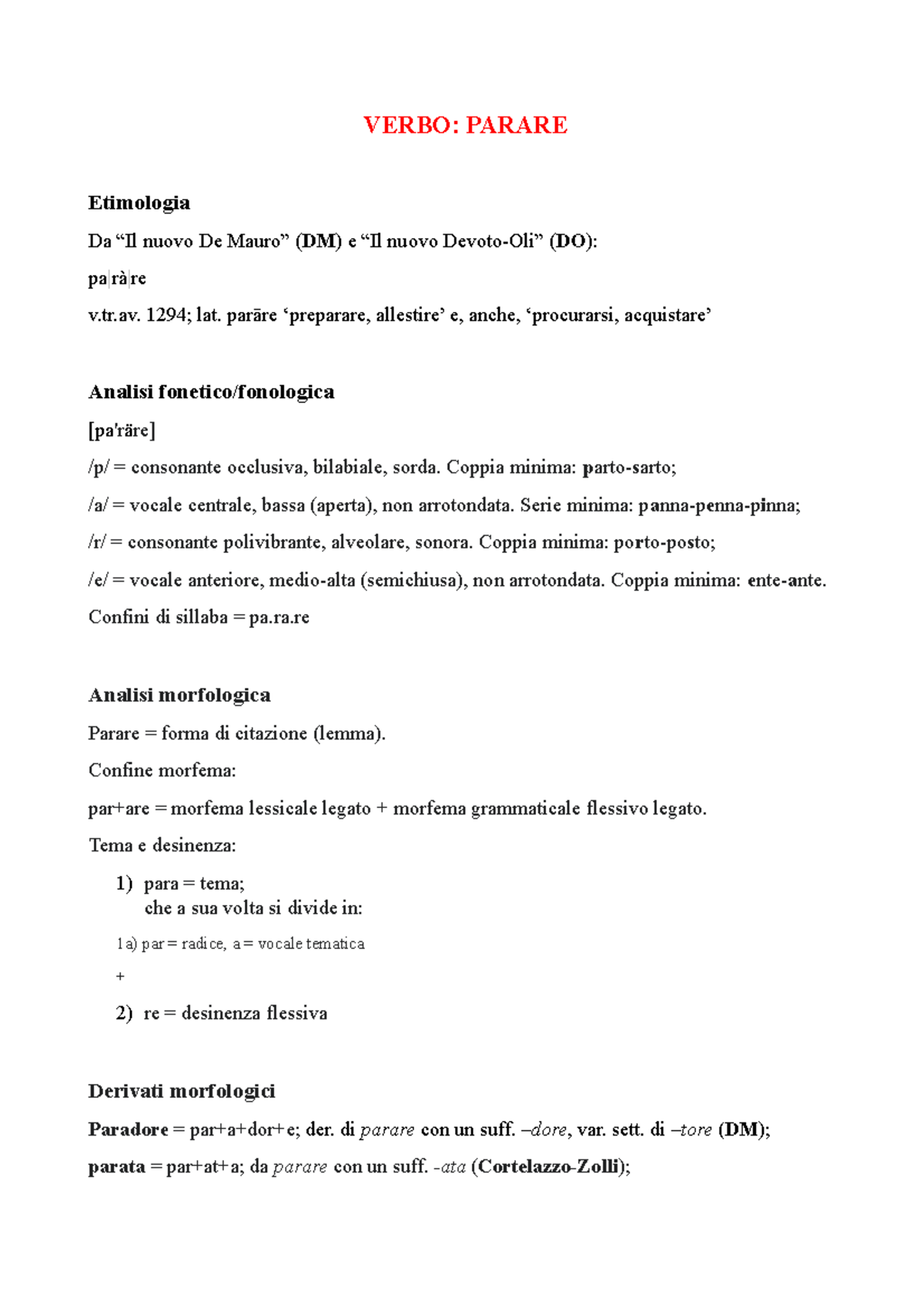 Analisi parola esame semiotica - parare - VERBO: PARARE Etimologia Da ...