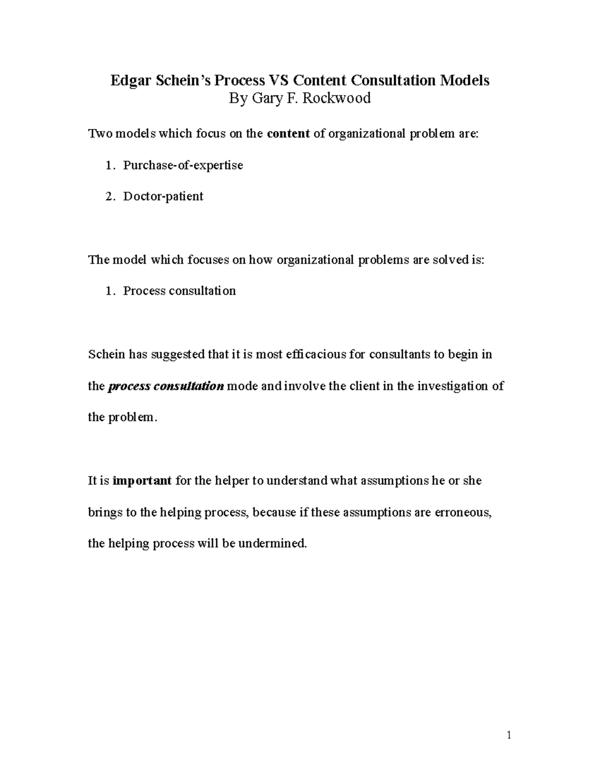 Schein-Process vs Content (notes) - Edgar Schein’s Process VS Content ...