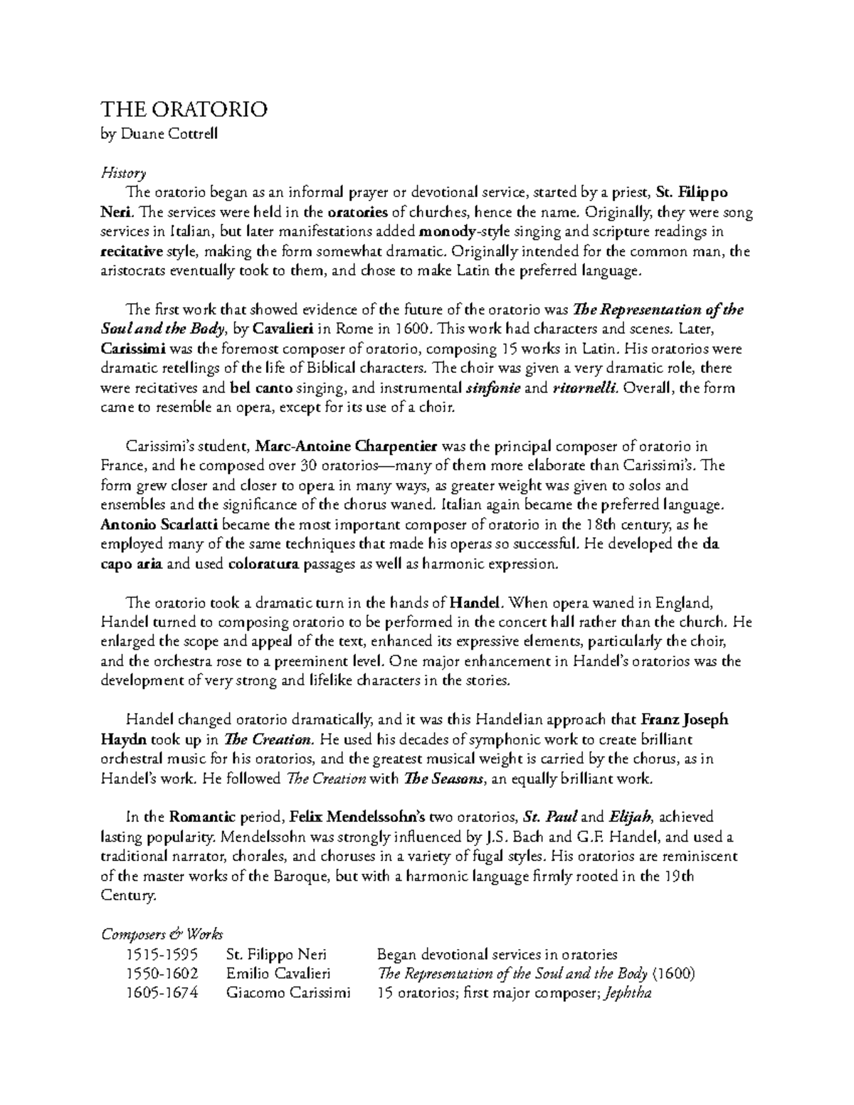 Oratorio Description - THE ORATORIO by Duane Cottrell History The ...