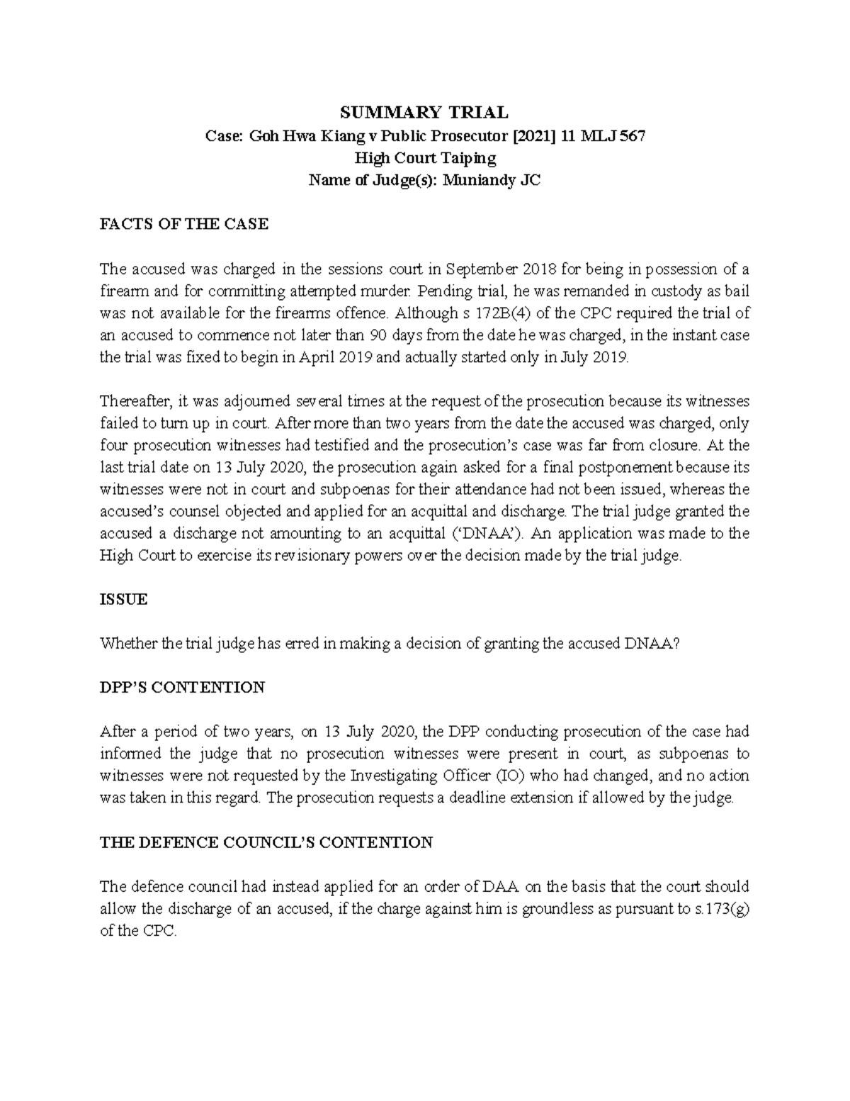 Case summary on Summary Trial - SUMMARY TRIAL Case: Goh Hwa Kiang v ...
