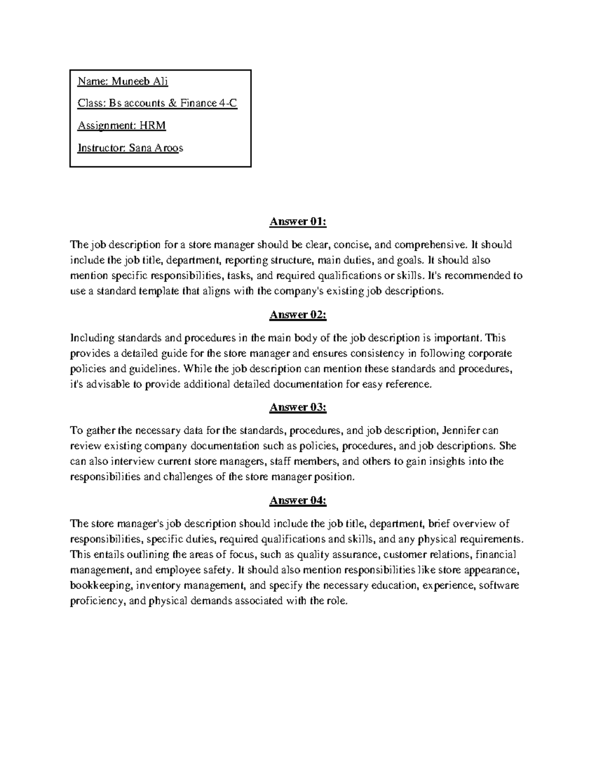 Muneeb Ali- Job Description Assignments for Human Resources management ...