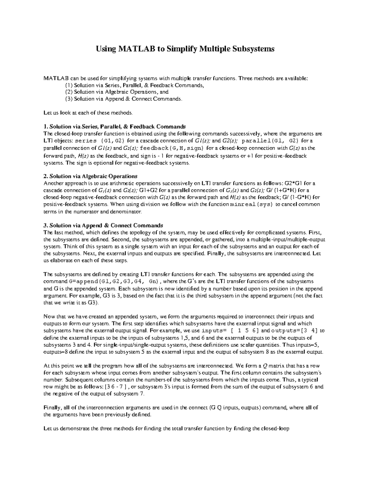 MULTIPLESYSTEMS - Using MATLAB to Simplify Multiple Subsystems MATLAB ...