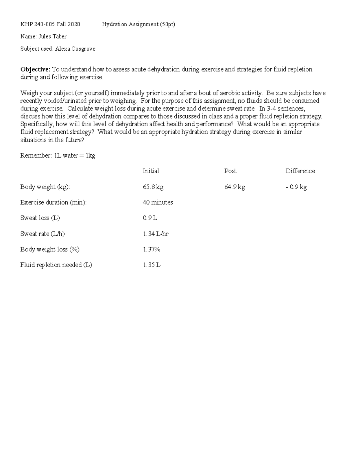 Hydration Assignment - Weigh your subject (or yourself) immediately ...