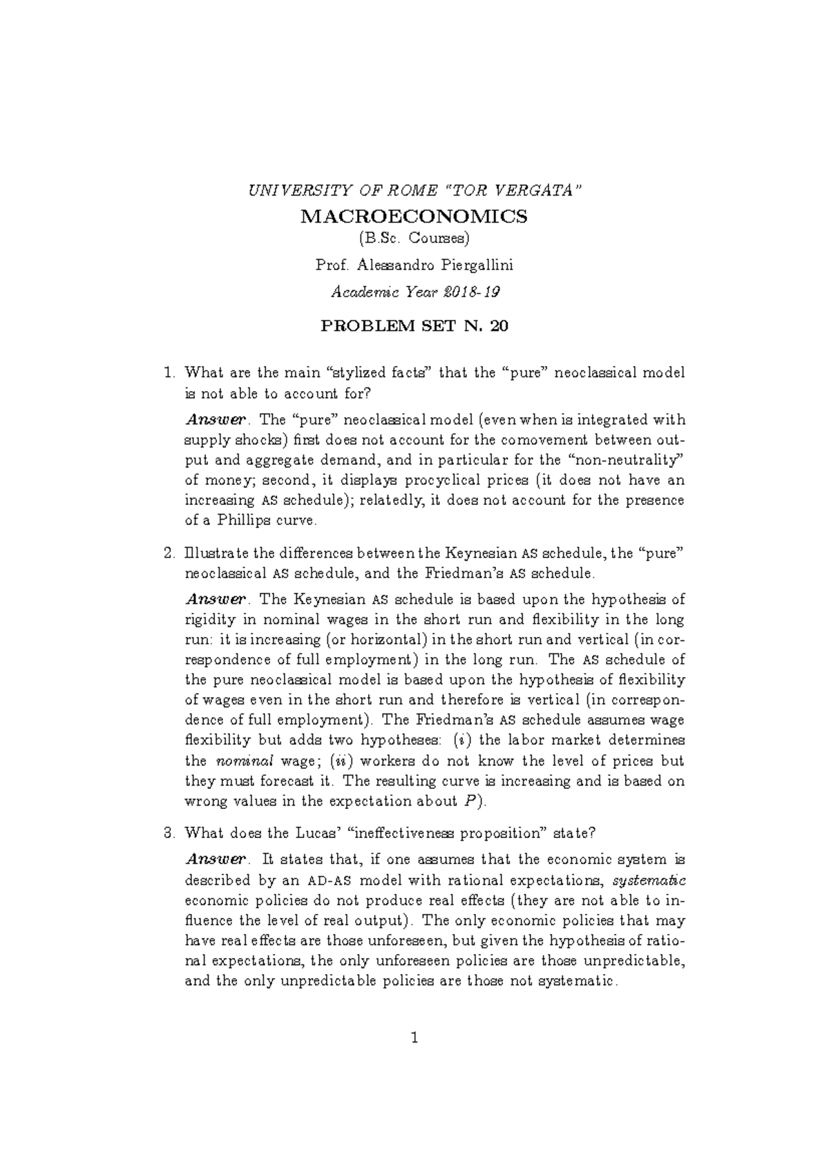Macroeconomics Problem set n20 with answer - UNIVERSITY OF ROME “TOR ...