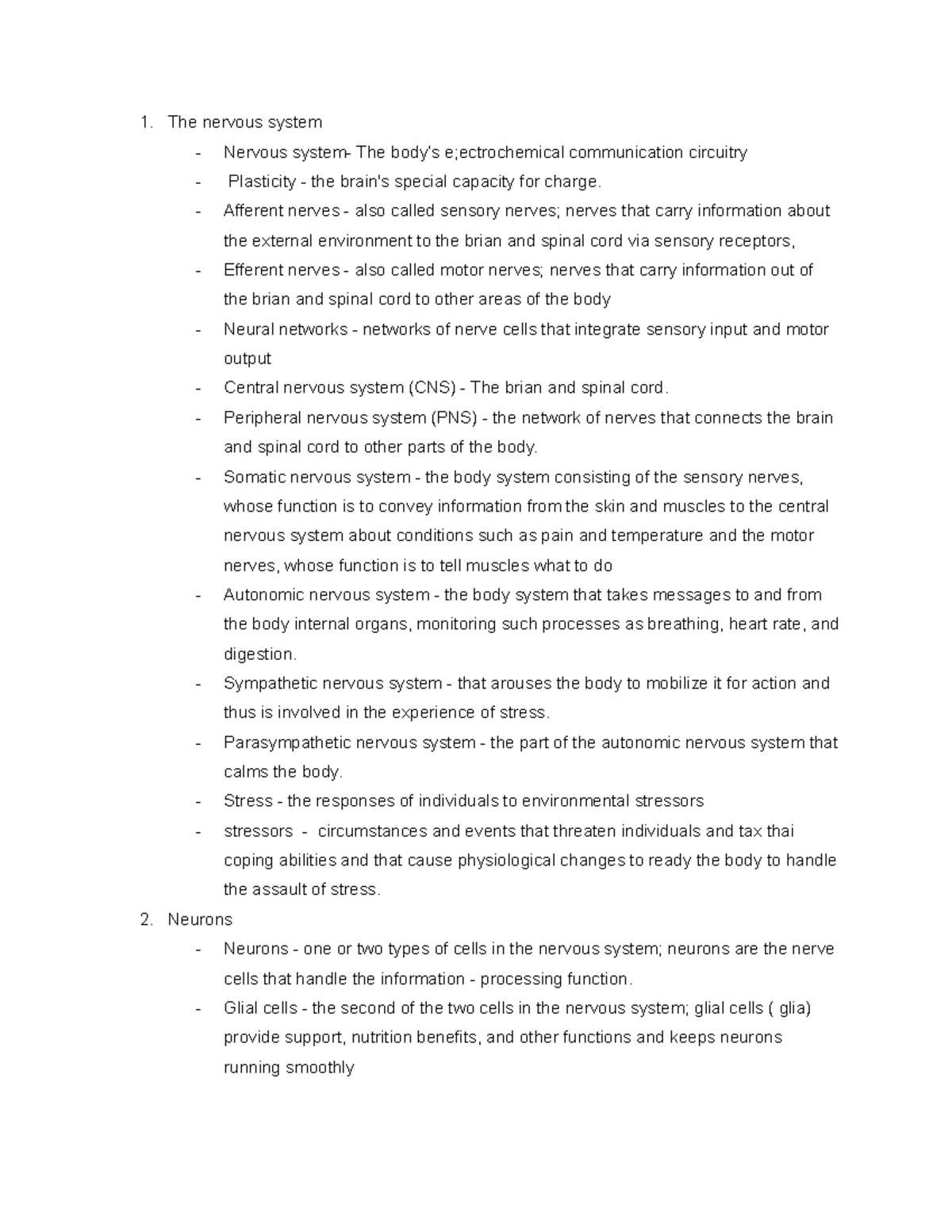 Psychology chapter 2 notes - The nervous system Nervous system- The ...