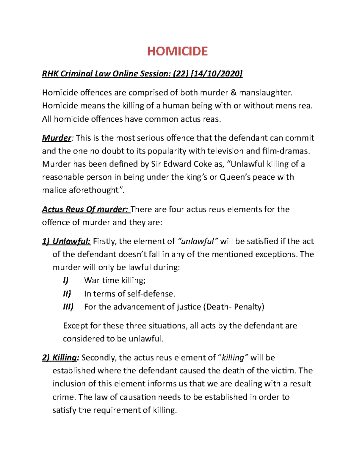 Homicide notes on criminal - HOMICIDE RHK Criminal Law Online Session ...