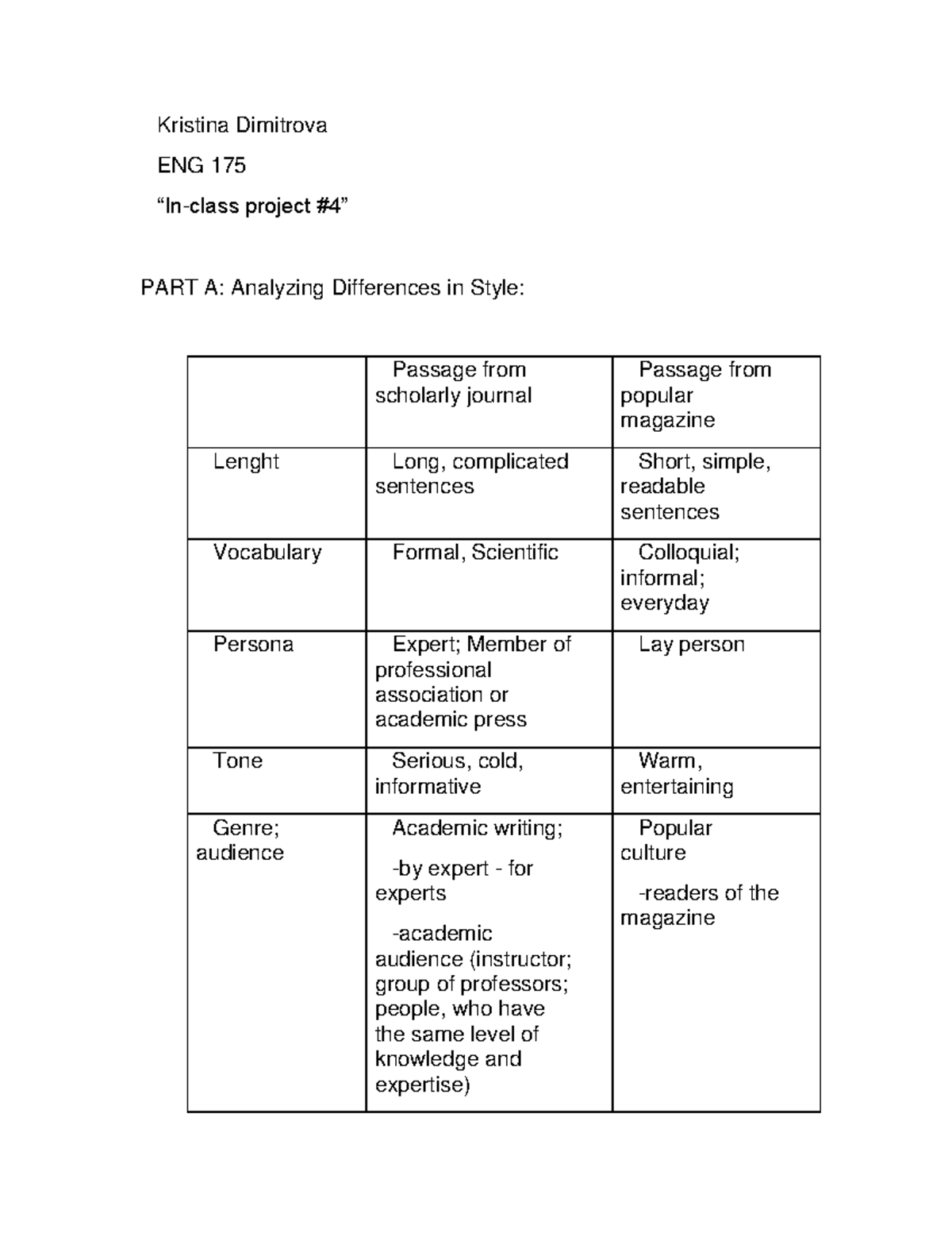 Critical Writing I in -class project 4: Part A - Analyzing Differences ...
