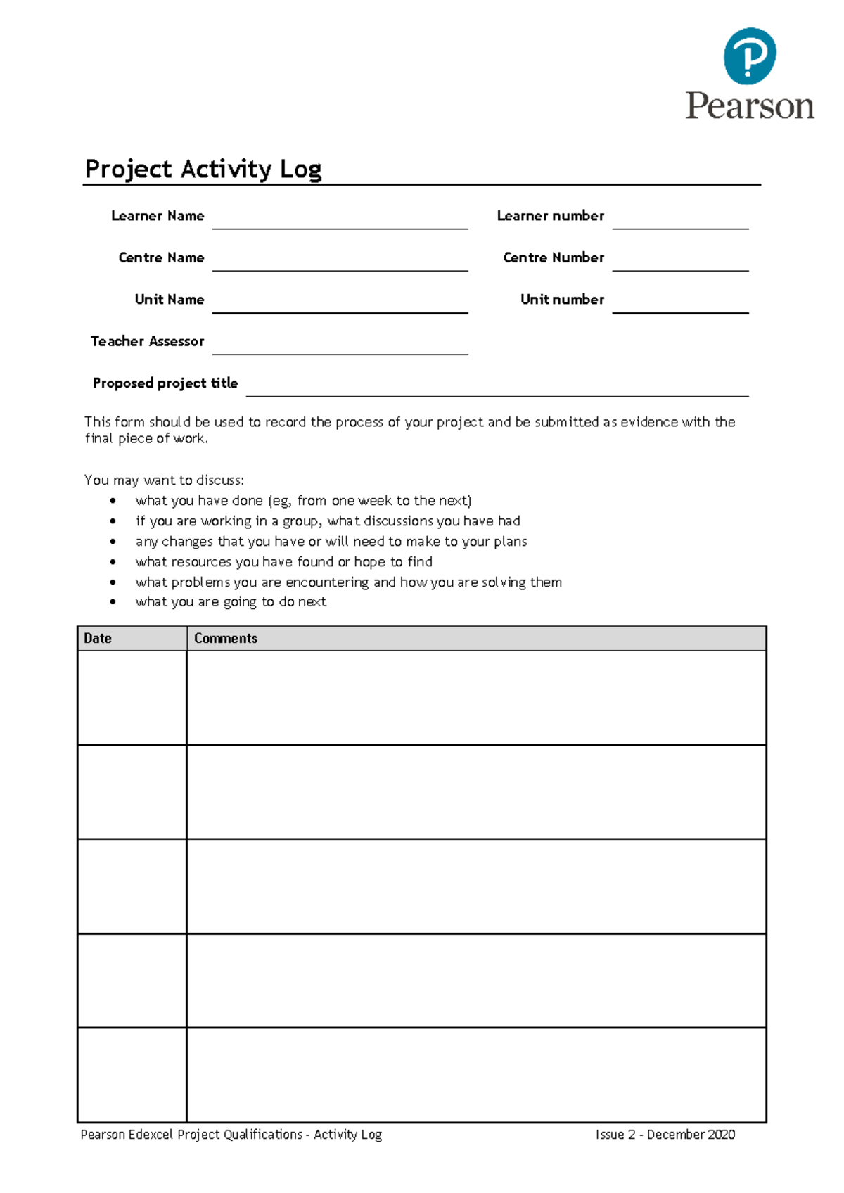 Project-Activity-Log v5 - Pearson Edexcel Project Qualifications ...