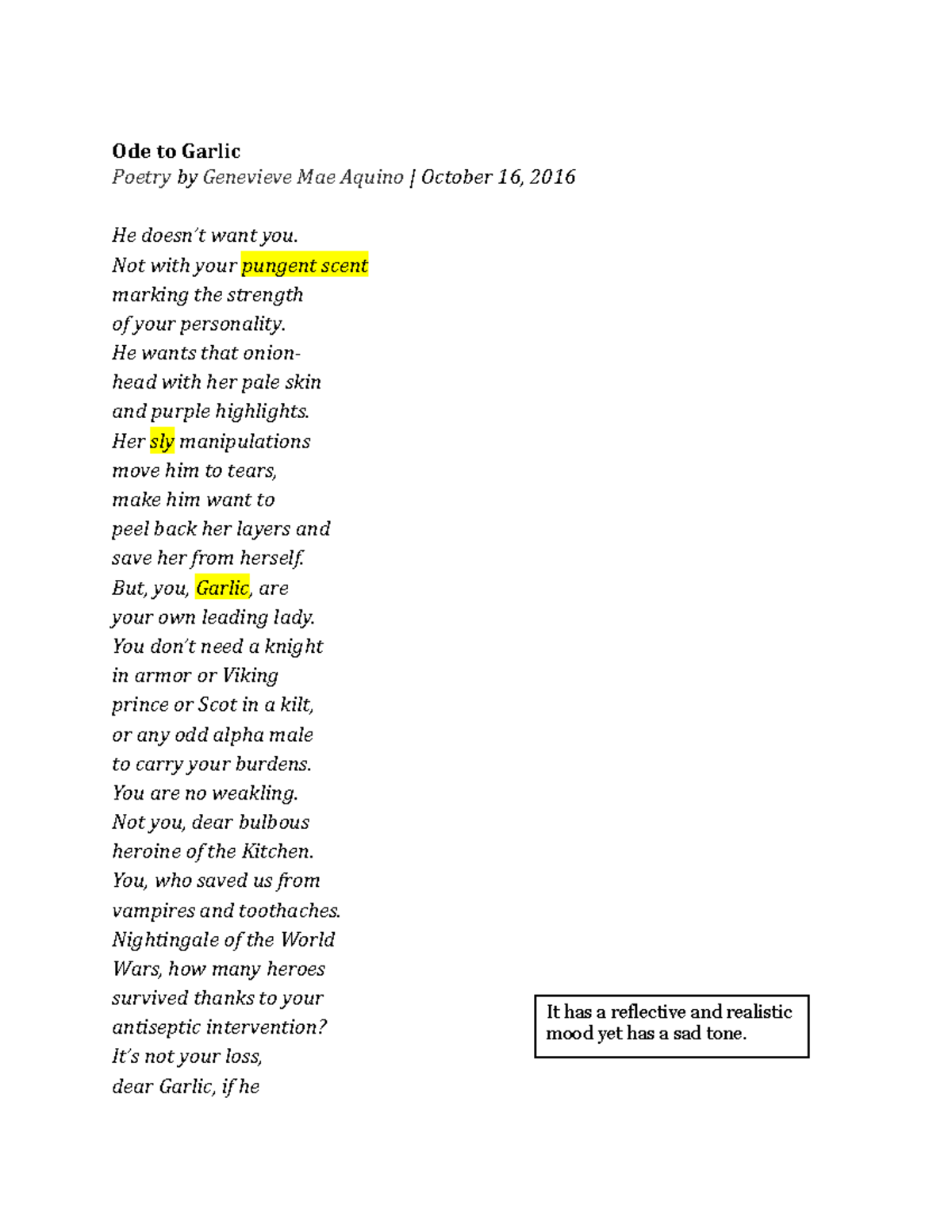 Literature Analysis (3) - Copy - Ode to Garlic Poetry by Genevieve Mae ...