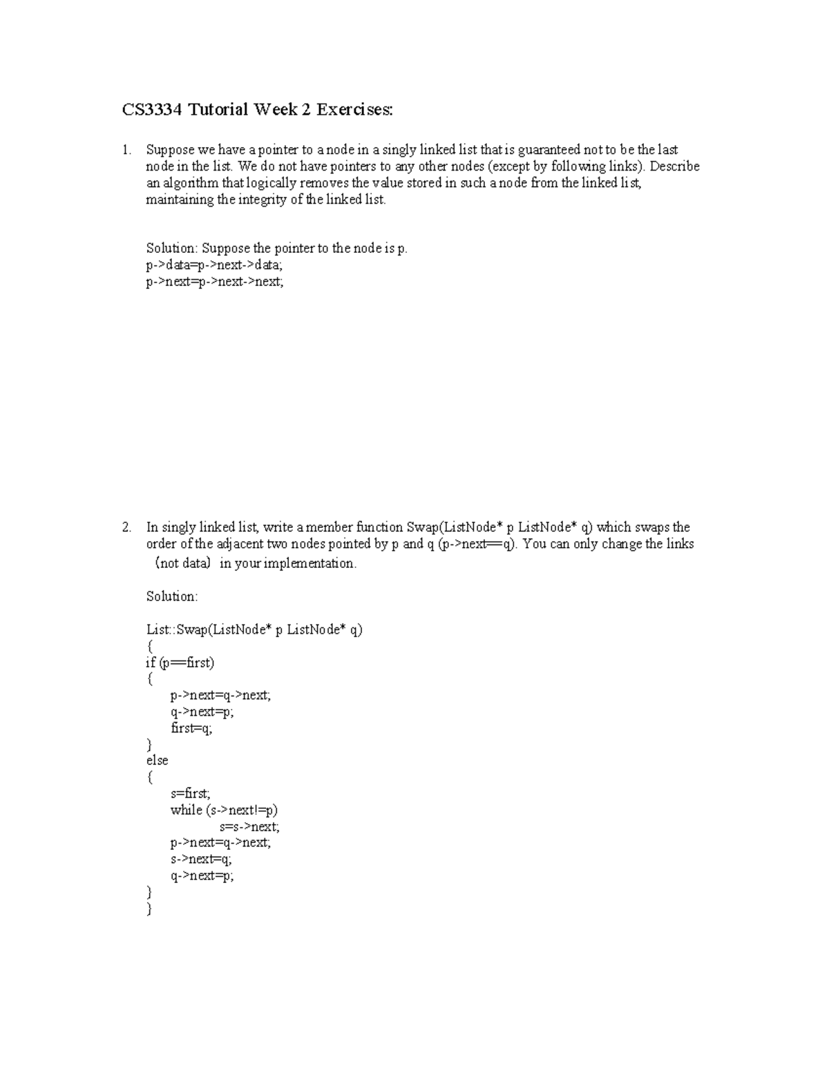 Tutorial 3 Solution Cs 3334 Tutorial Week 2 Exercises 1 Suppose We Have A Pointer To A Node