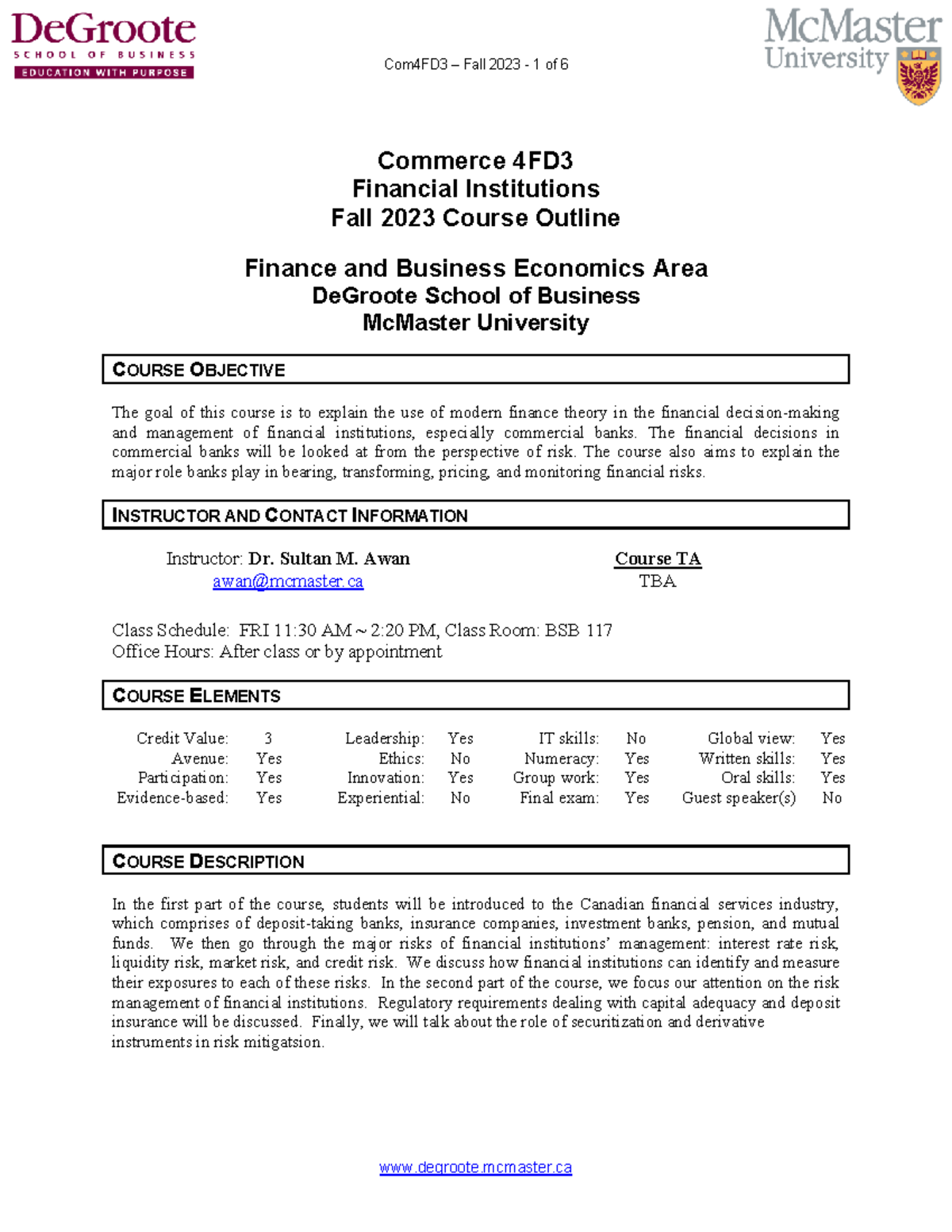 Com4FD3 Course Outline Fall 2023 - Commerce 4FD Financial Institutions ...
