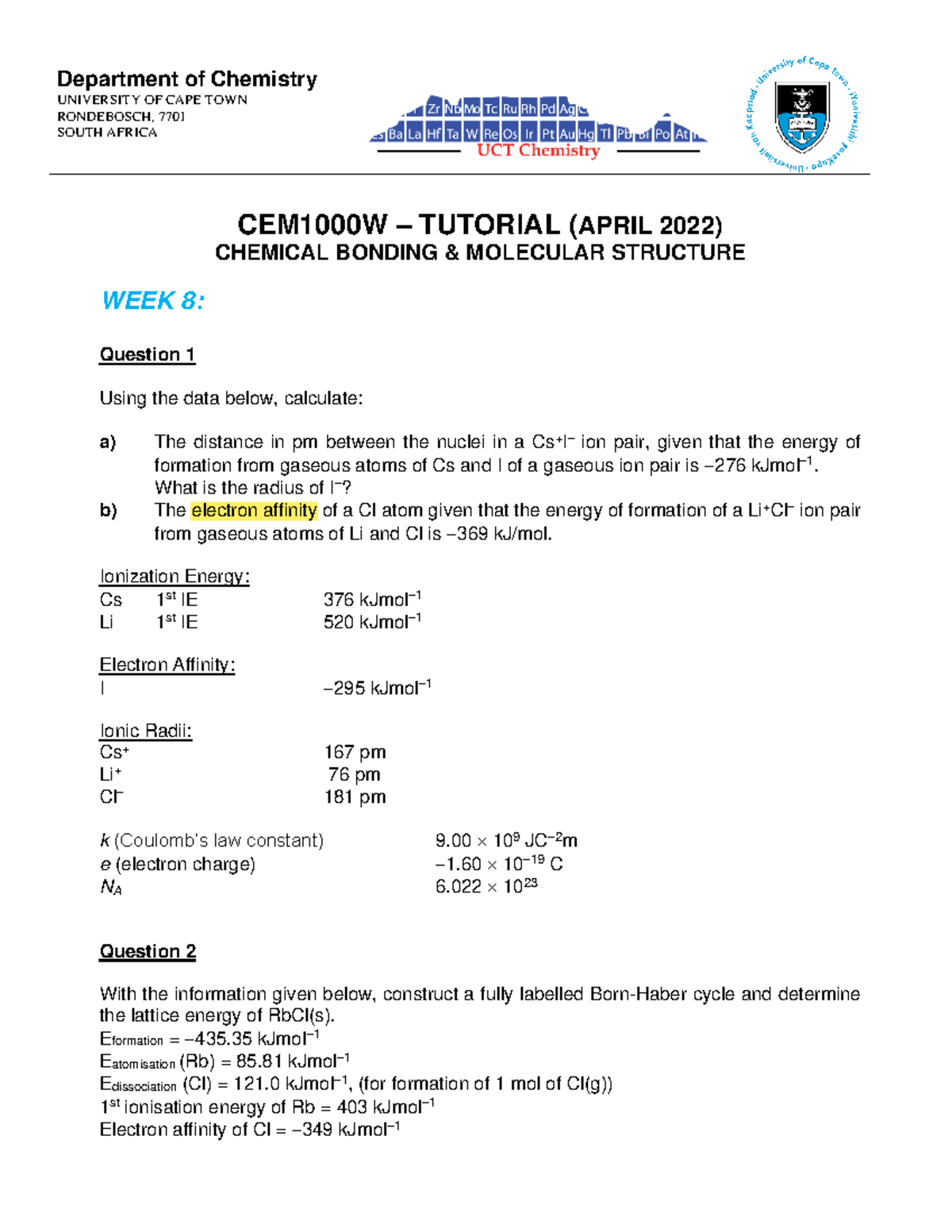 CEM1000W Tutorial Weeks 8-10 April 2022 - Department of Chemistry UNIVERSITY OF CAPE TOWN - Studocu