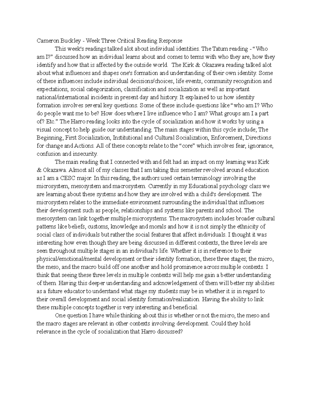 Week 3 Reading Response - Cameron Buckley - Week Three Critical Reading ...
