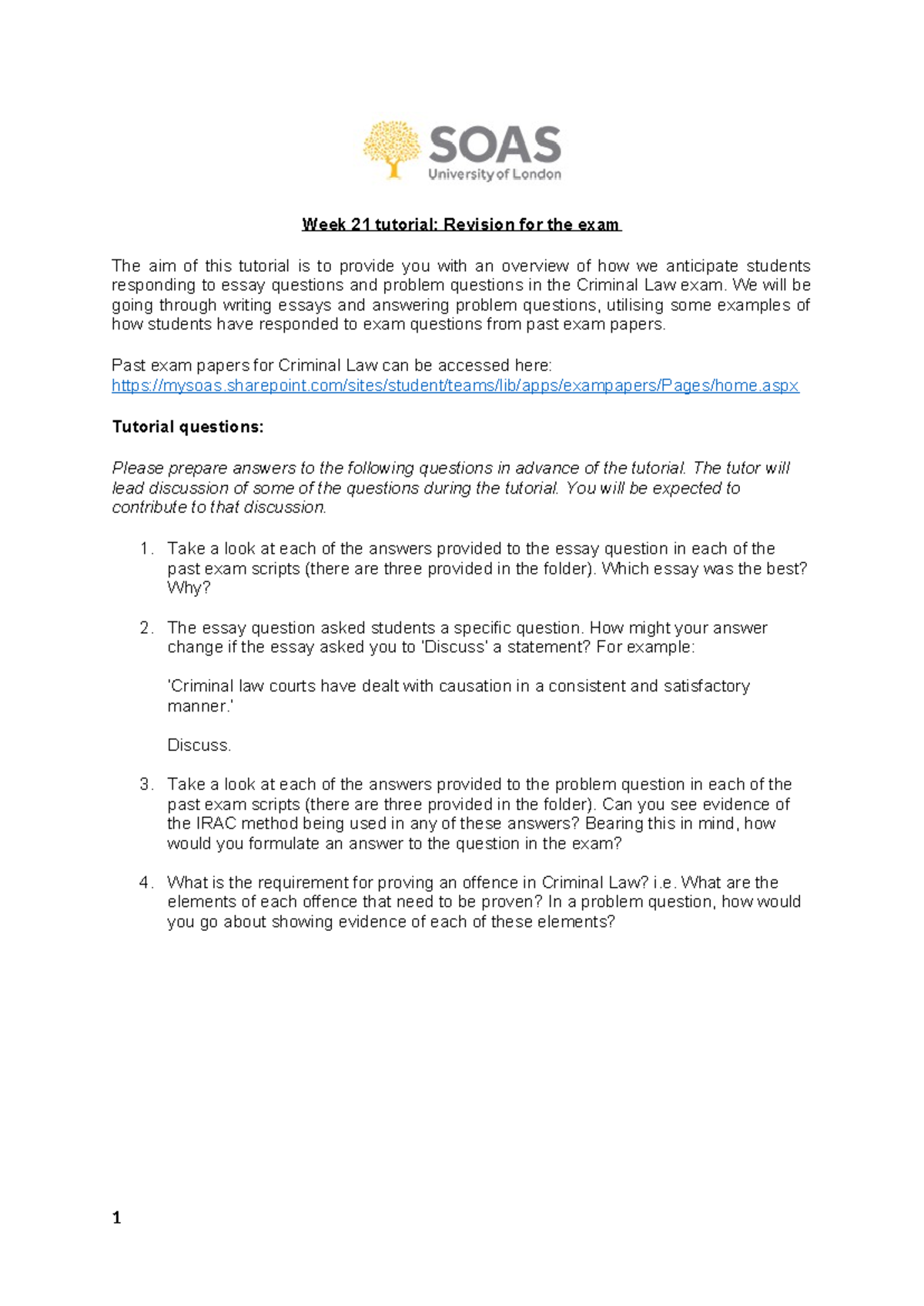 Criminal Law - Revision Tutorial - Week 21 tutorial: Revision for the ...