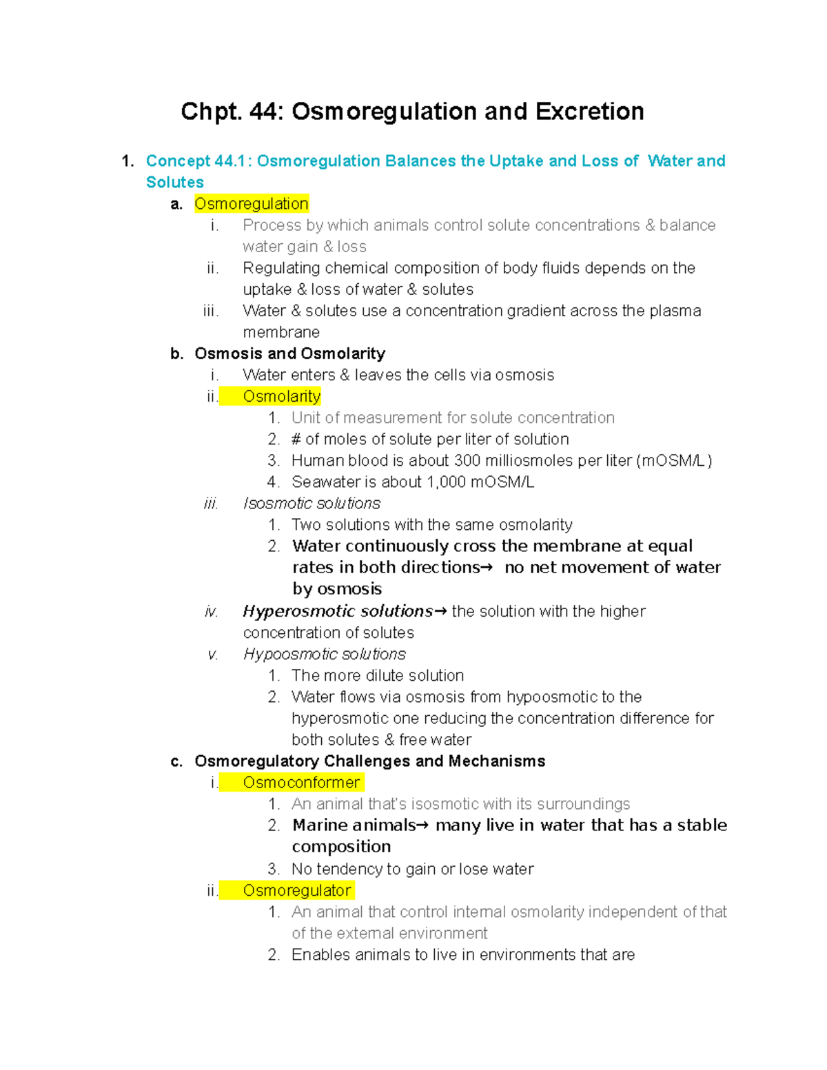 BIO 116 notes-15 - chapter notes - Chpt. 44: Osmoregulation and ...