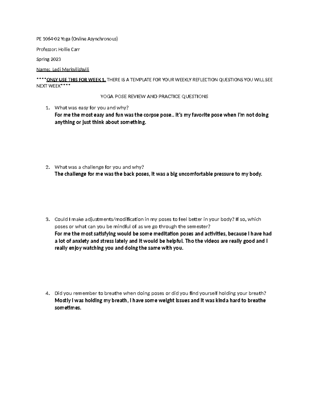 Spring 1064 02 Yoga Pose Review and practice reflection - PE 1064-02 ...