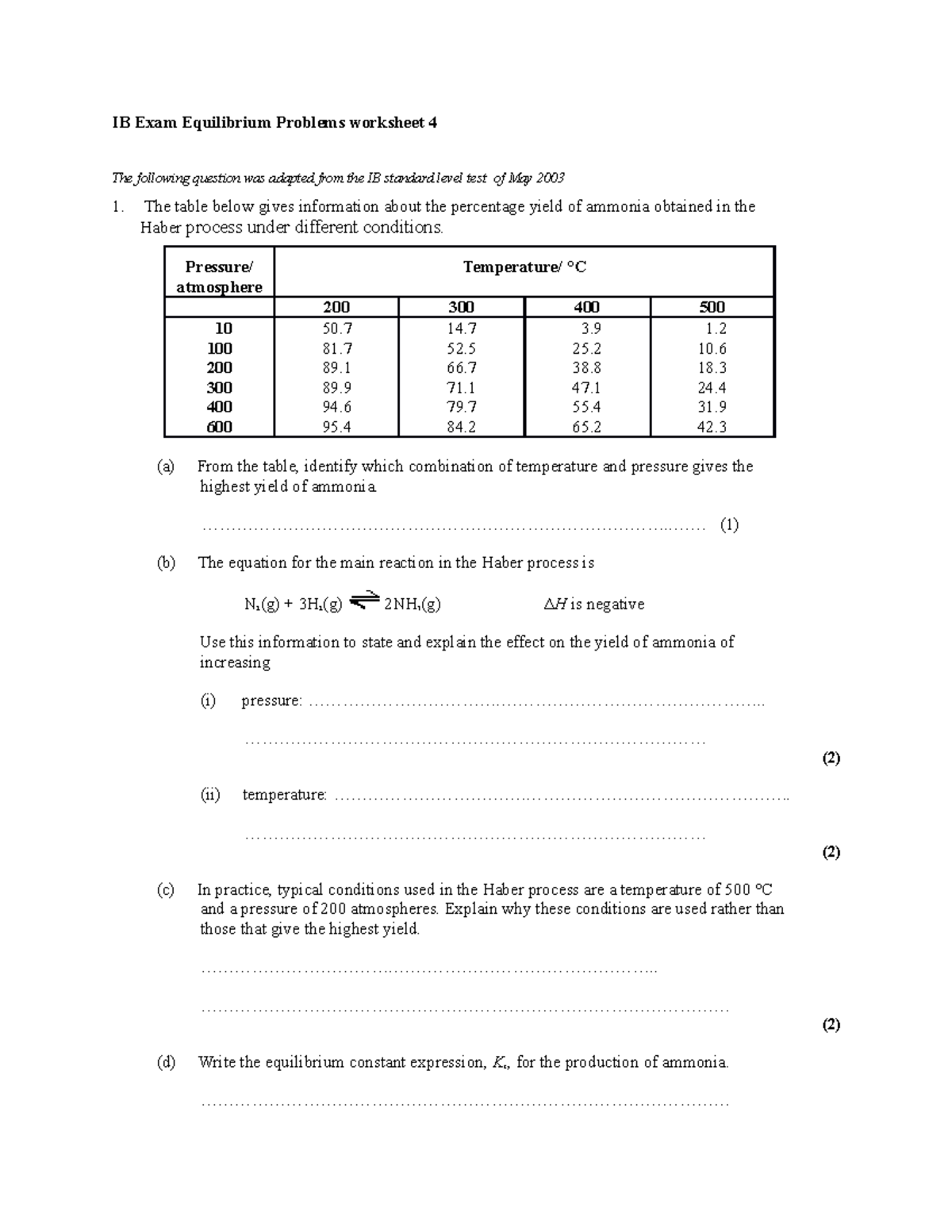 IB Exam Equilibrium Problems worksheet 4 - Pressure/ Temperature/ ° C ...