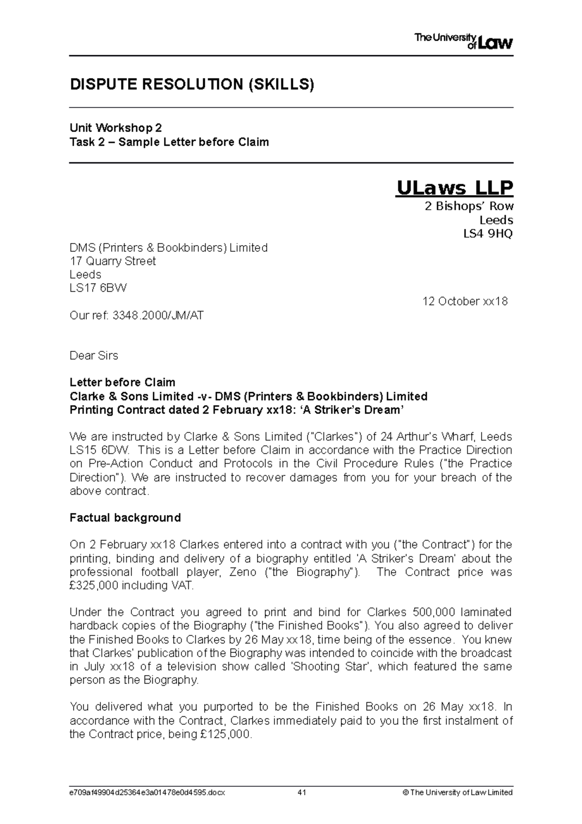 Task 2 Exemplar - DISPUTE RESOLUTION (SKILLS) Unit Workshop 2 Task 2 ...