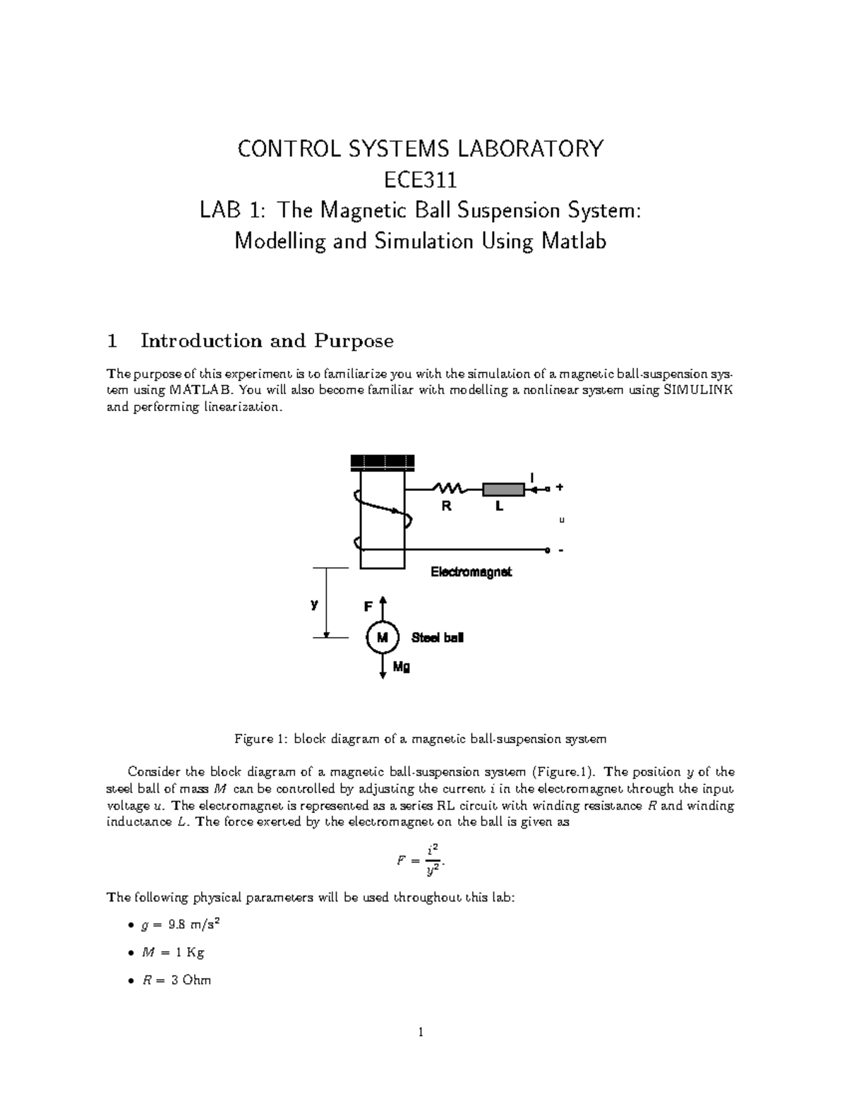 Lab1 - Lab 1: The Magnetic Ball Suspension System - CONTROL SYSTEMS ...