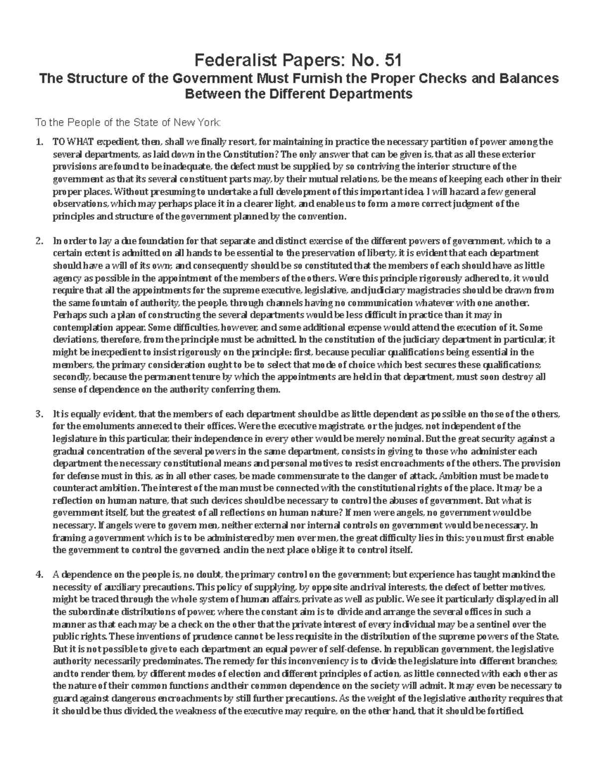 Federalist 51 - none - Federalist Papers: No. 51 The Structure of the ...