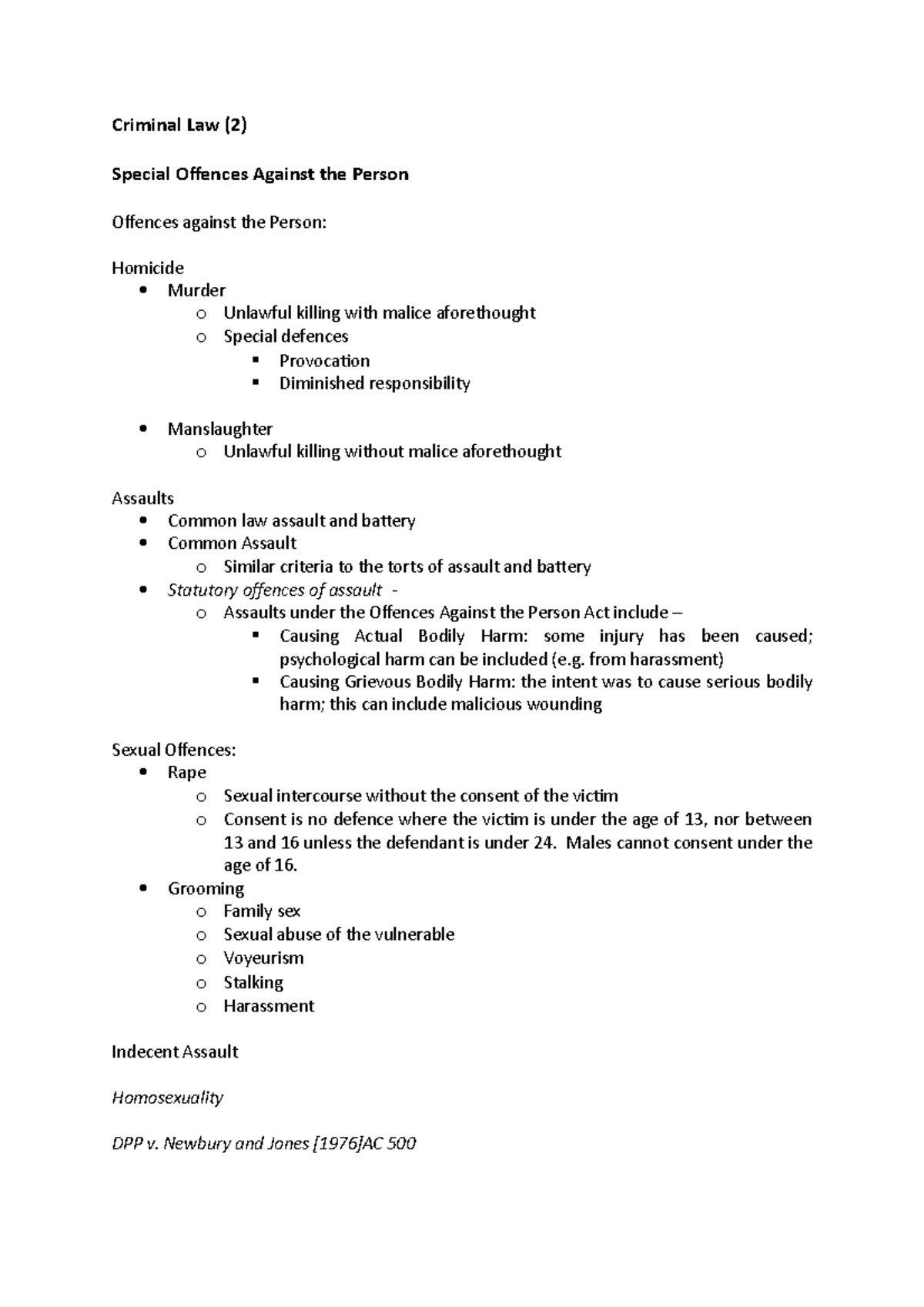Criminal Law (2) - Criminal Law (2) Special Offences Against the Person ...