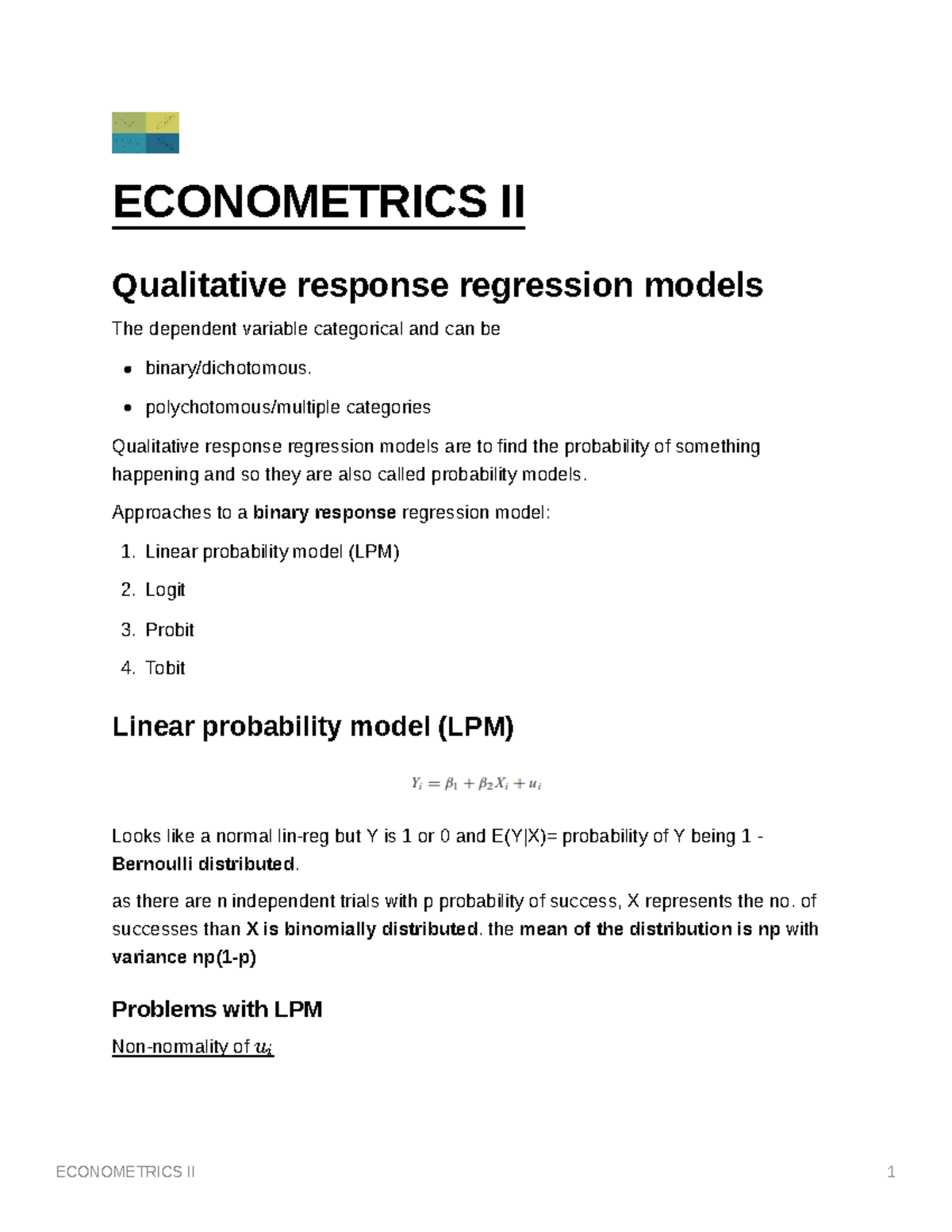 Econometrics II-part-1 - ECONOMETRICS II Qualitative response ...