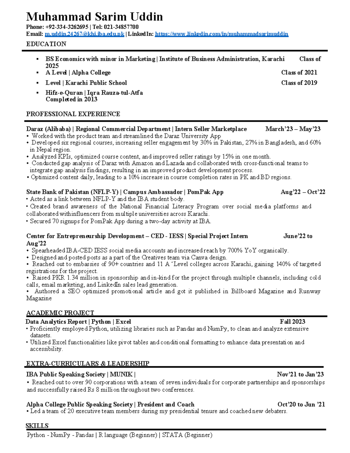 Cvv - Muhammad Sarim Uddin Phone: +92-334-3262695 | Tel: 021- Email: m ...