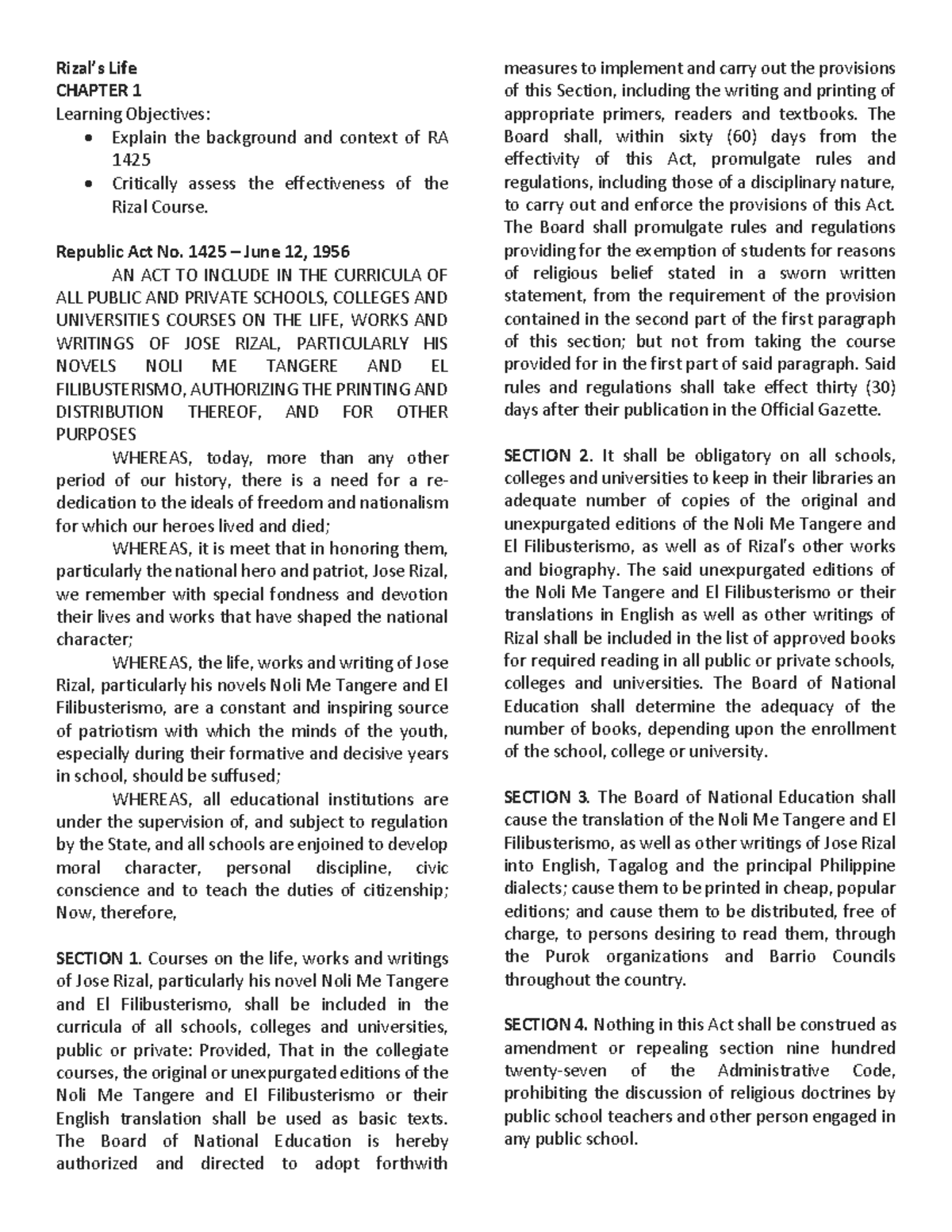 Rizal's Life^J Works^J - Rizal’s Life CHAPTER 1 Learning Objectives ...
