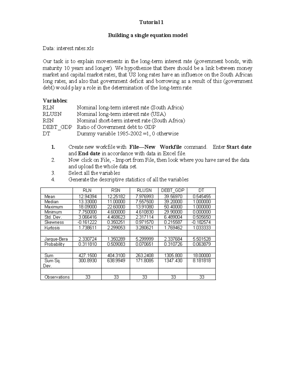 Practical 1 econometrics - Tutorial 1 Building a single equation model ...