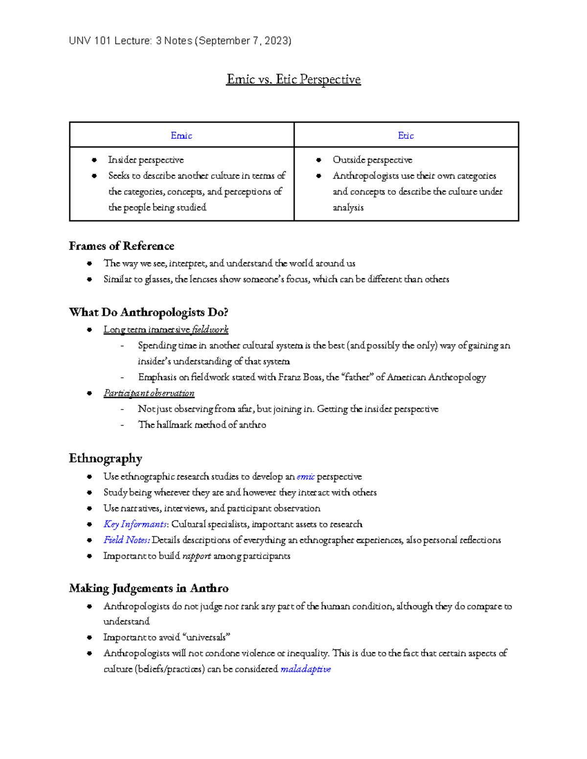 Emic vs Etic Perspective (Lecture 3 Notes September 7, 2023) - UNV 101 ...