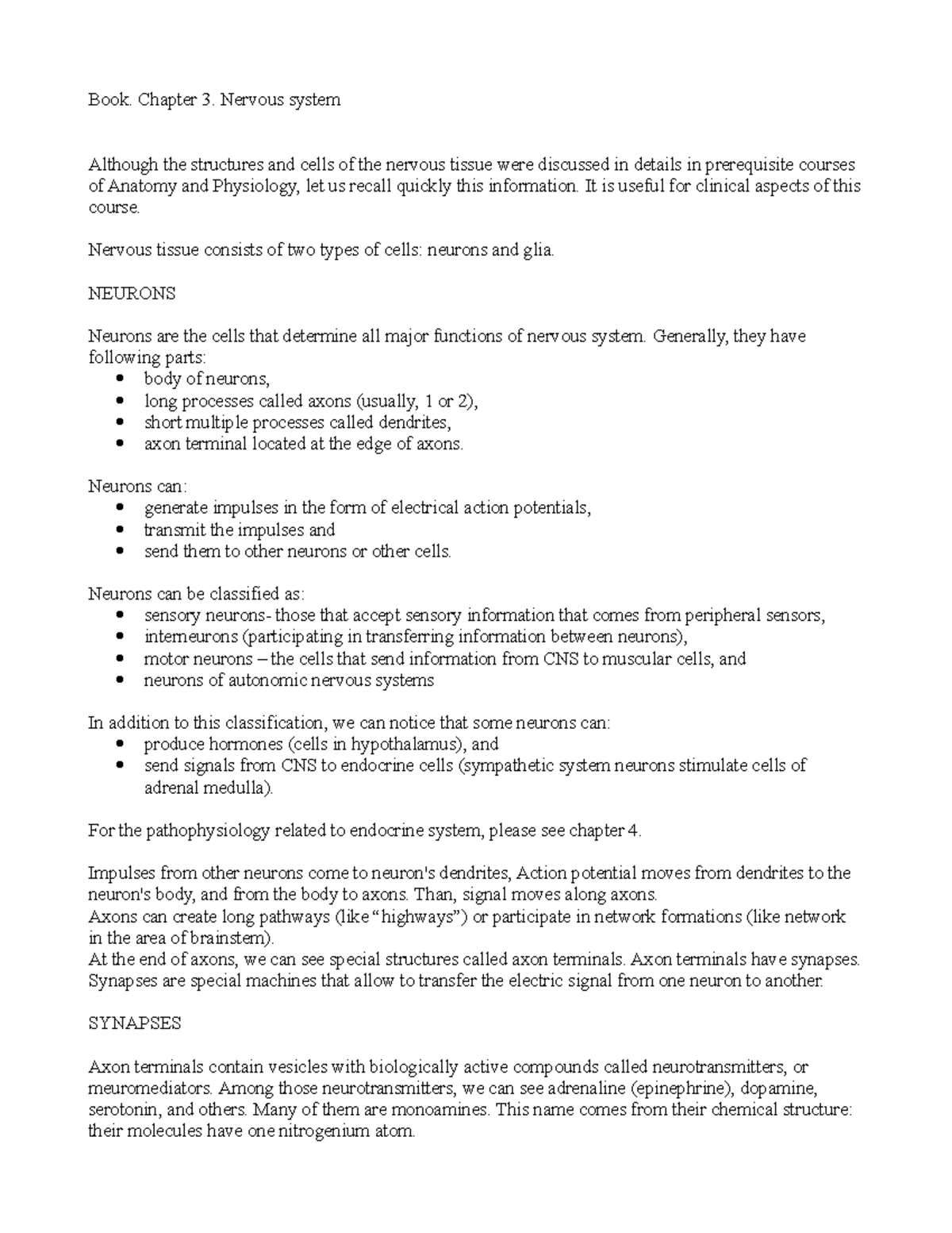 Book Chapter Nerv System Final - Book. Chapter 3. Nervous system ...