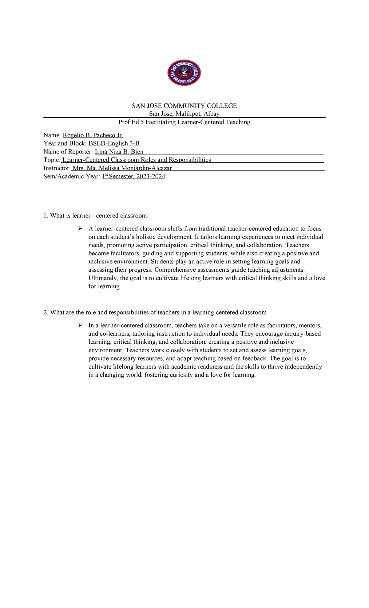 Prof Ed 5 activities 1-4 - San Jose, Malilipot, Albay Prof Ed 5 ...