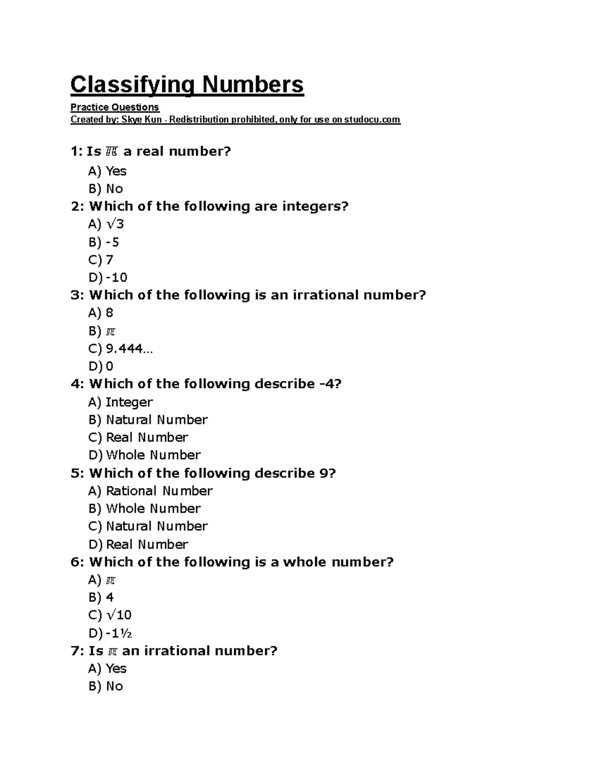 Classifying Numbers Practice #1 - Classifying Numbers Practice ...