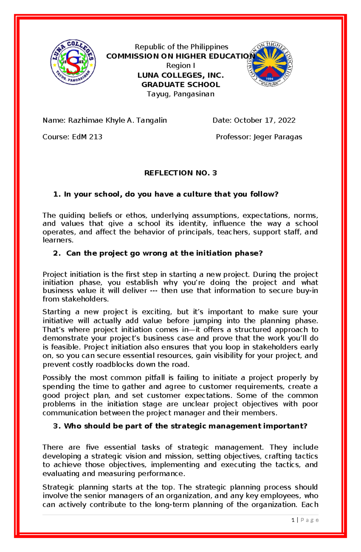 Reflection 2 Tangalin - Practice Material - Republic of the Philippines ...