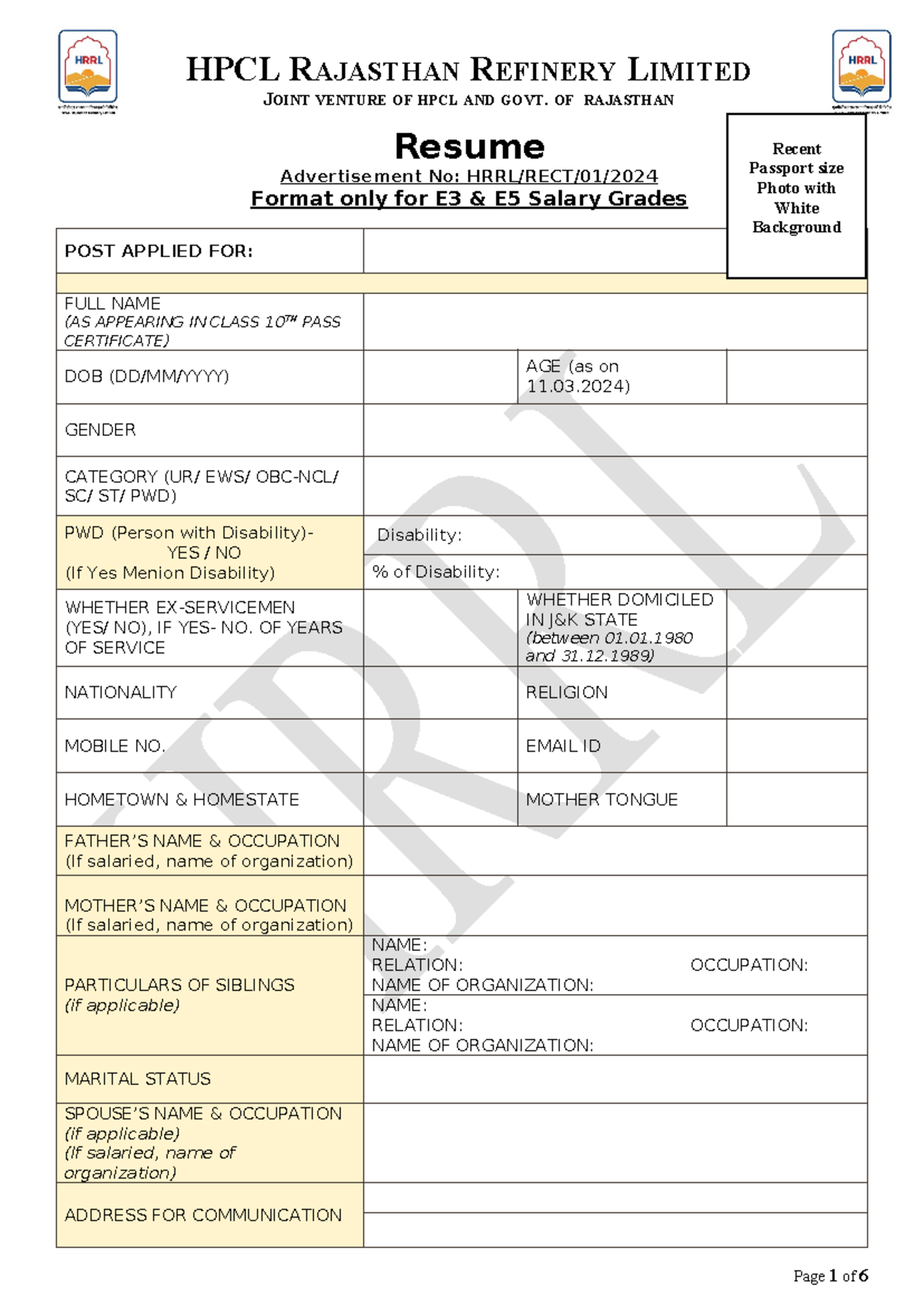 HRRL Resume Format FOR E3 E5 2003 2024 - JOINT VENTURE OF HPCL AND GOVT ...