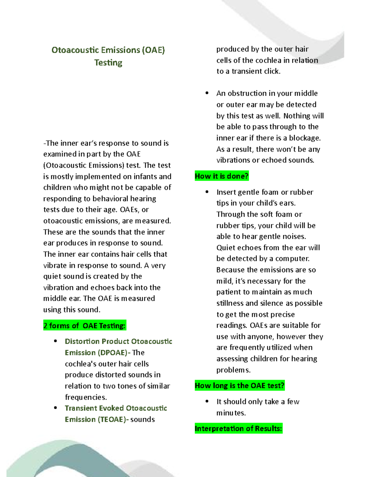 Otoacoustic Emissions (OAE) Testing - Otoacoustic Emissions (OAE ...