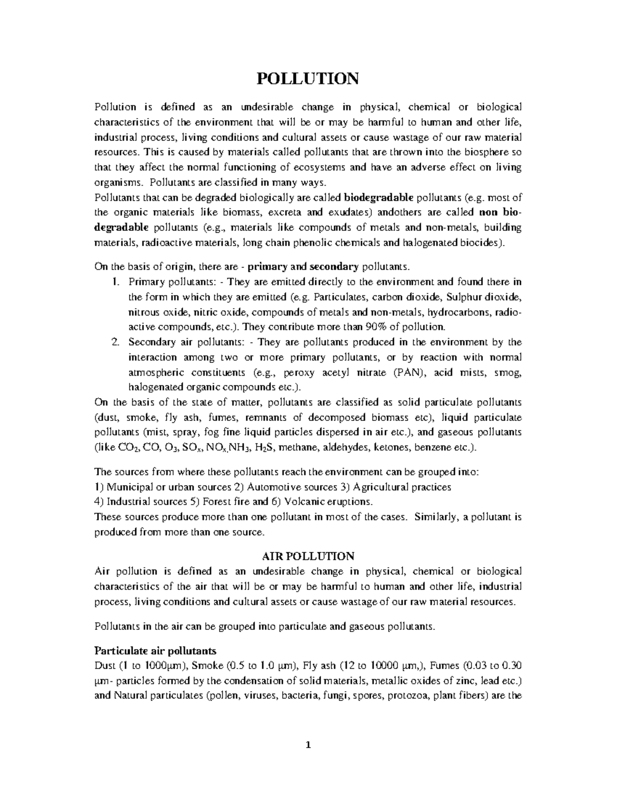 Pollution - notes 2019 - lecture note - POLLUTION Pollution is defined ...
