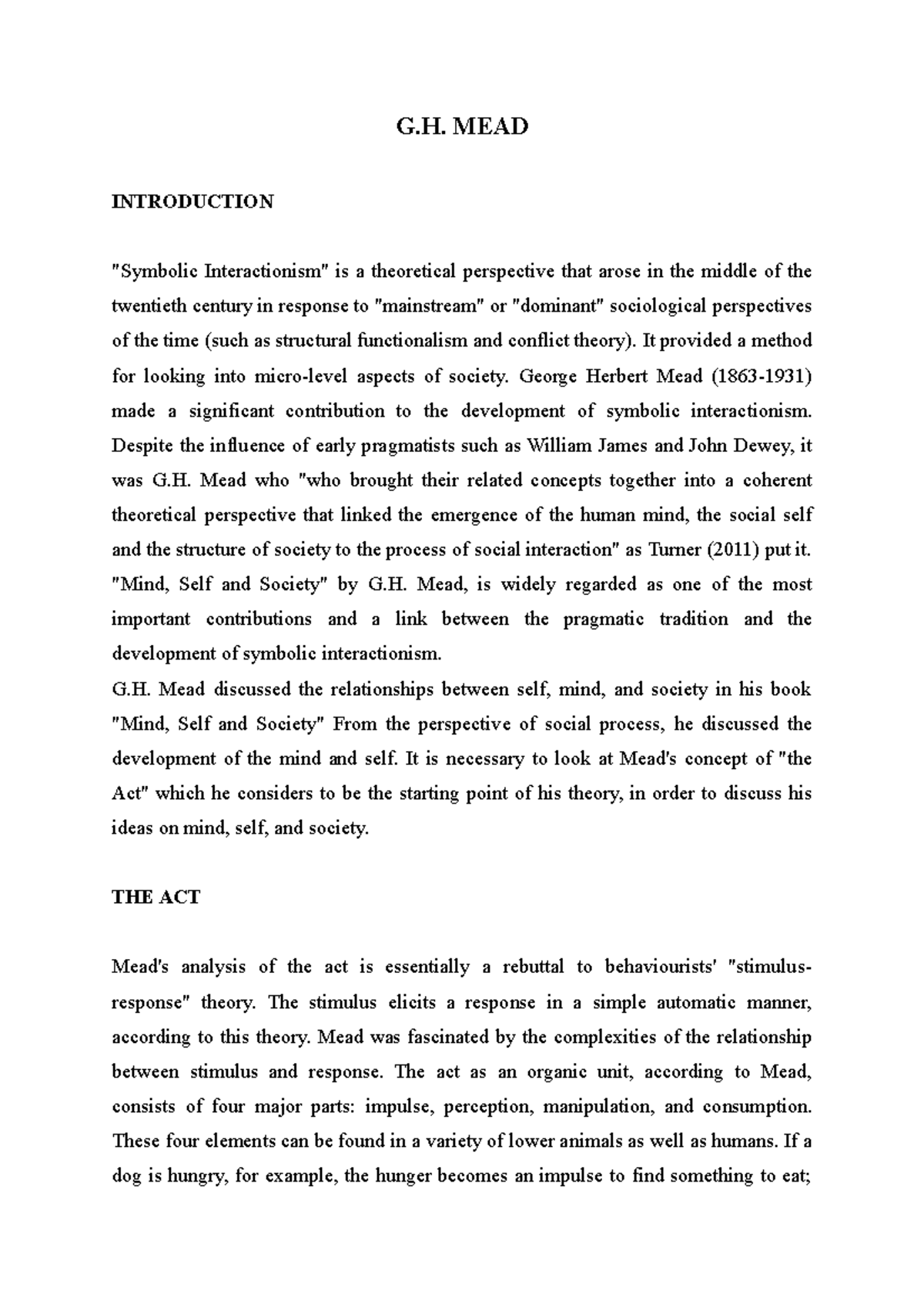 G.H. MEAD - Lecture notes 8 - G. MEAD INTRODUCTION "Symbolic ...