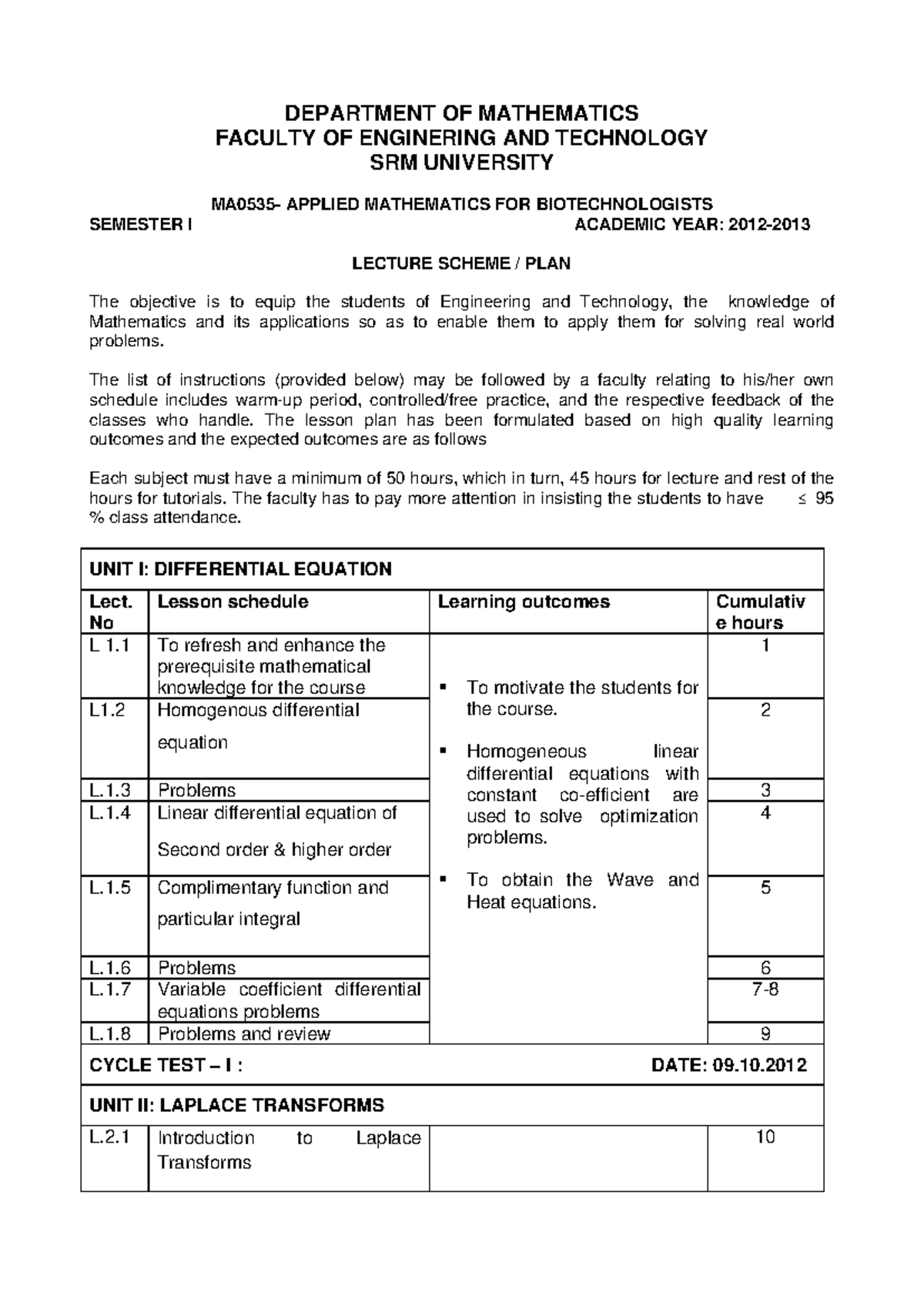 MA0535-L - Uhye - DEPARTMENT OF MATHEMATICS FACULTY OF ENGINERING AND TECHNOLOGY SRM UNIVERSITY ...